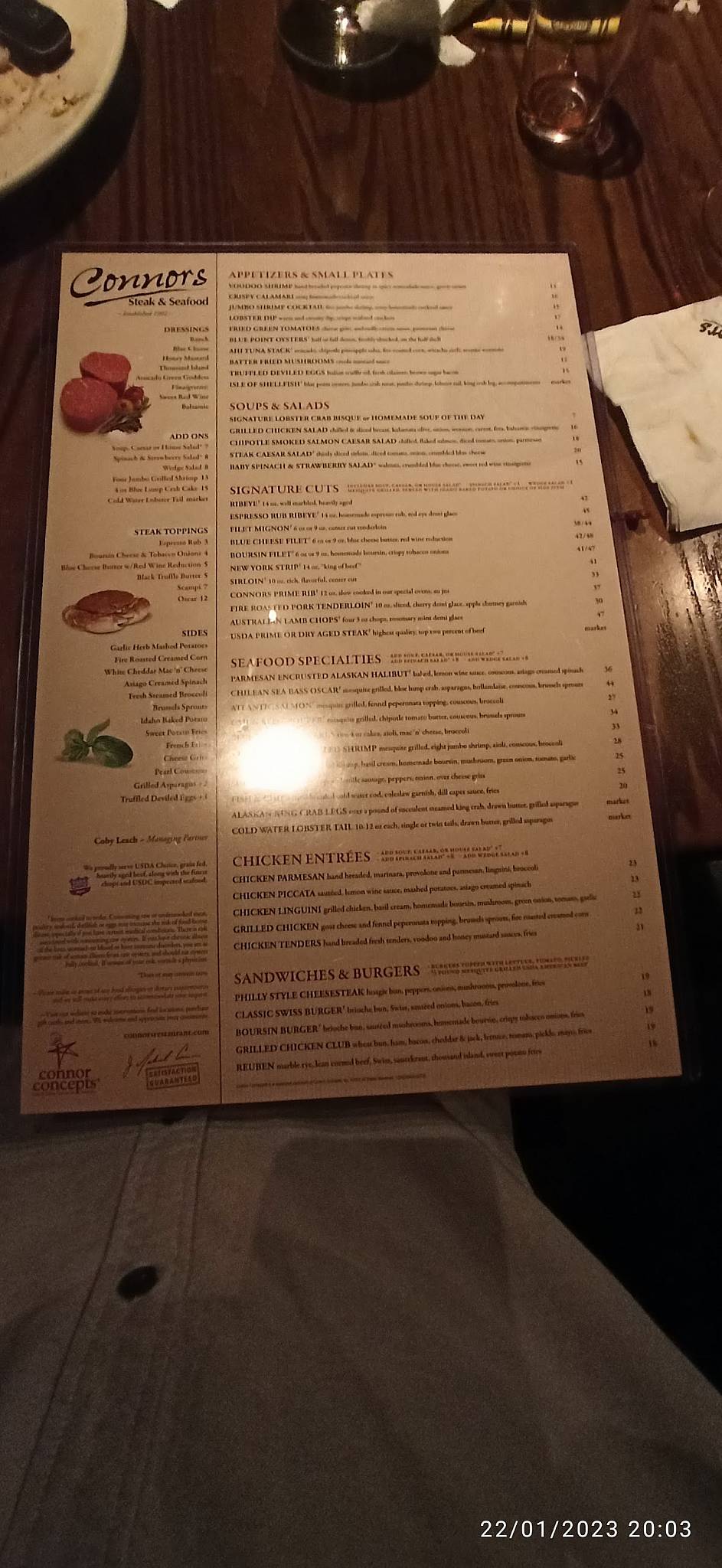Menu at Connors Steak & Seafood steakhouse, Sarasota