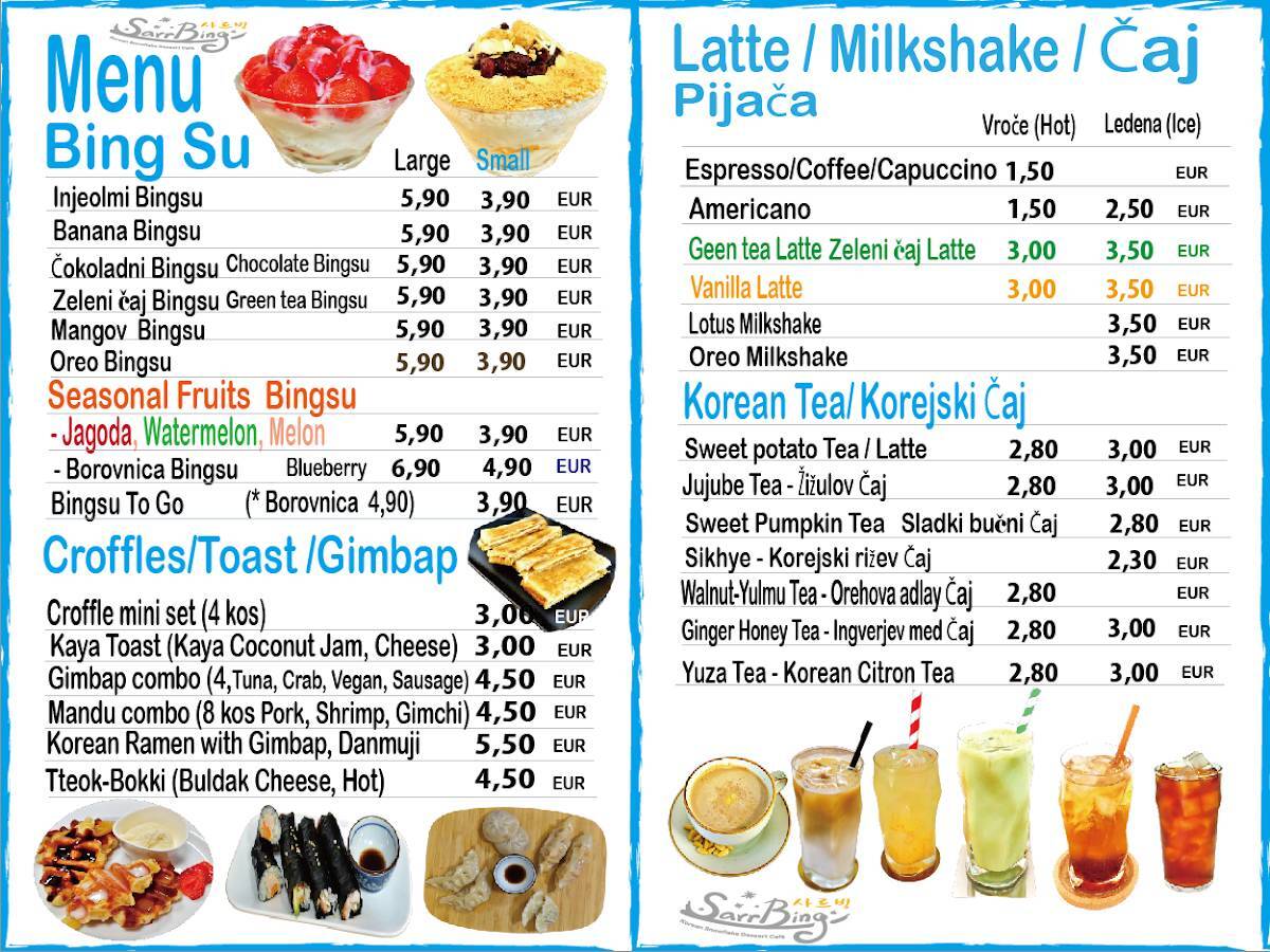 Menu da Sarrbing (Korean Bingsu) ristorante, Lubiana