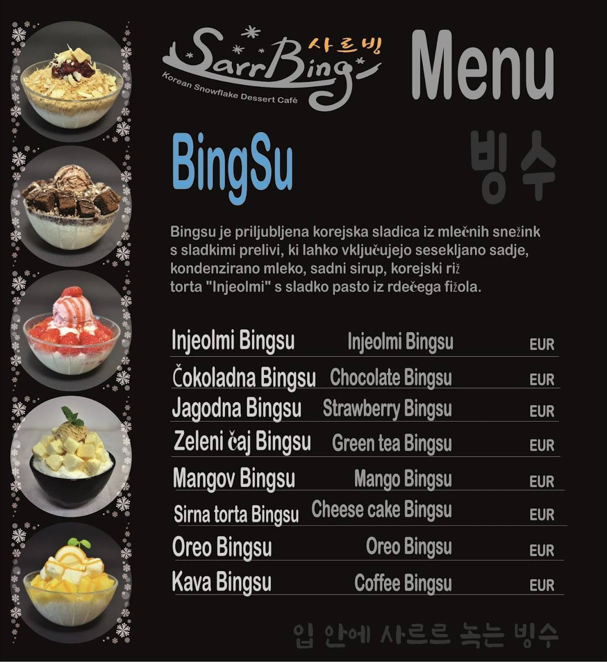 Menu at Sarrbing (Korean Bingsu) restaurant, Ljubljana