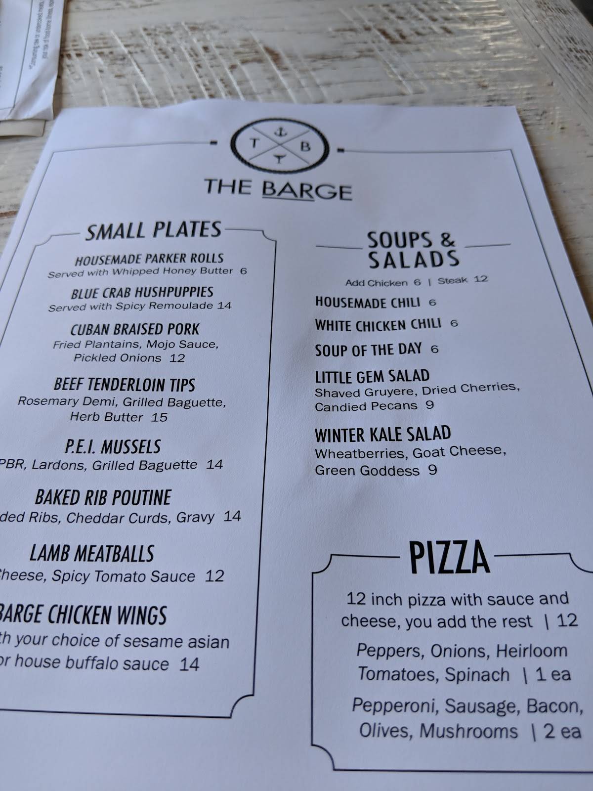 Menu at The BARge, Saugatuck
