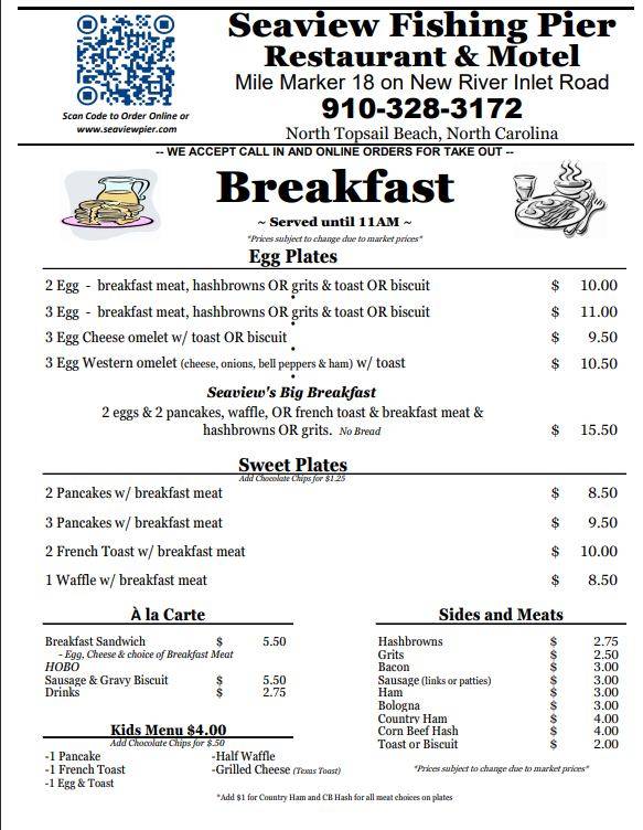 Menu at Seaview Pier Restaurant, North Topsail Beach