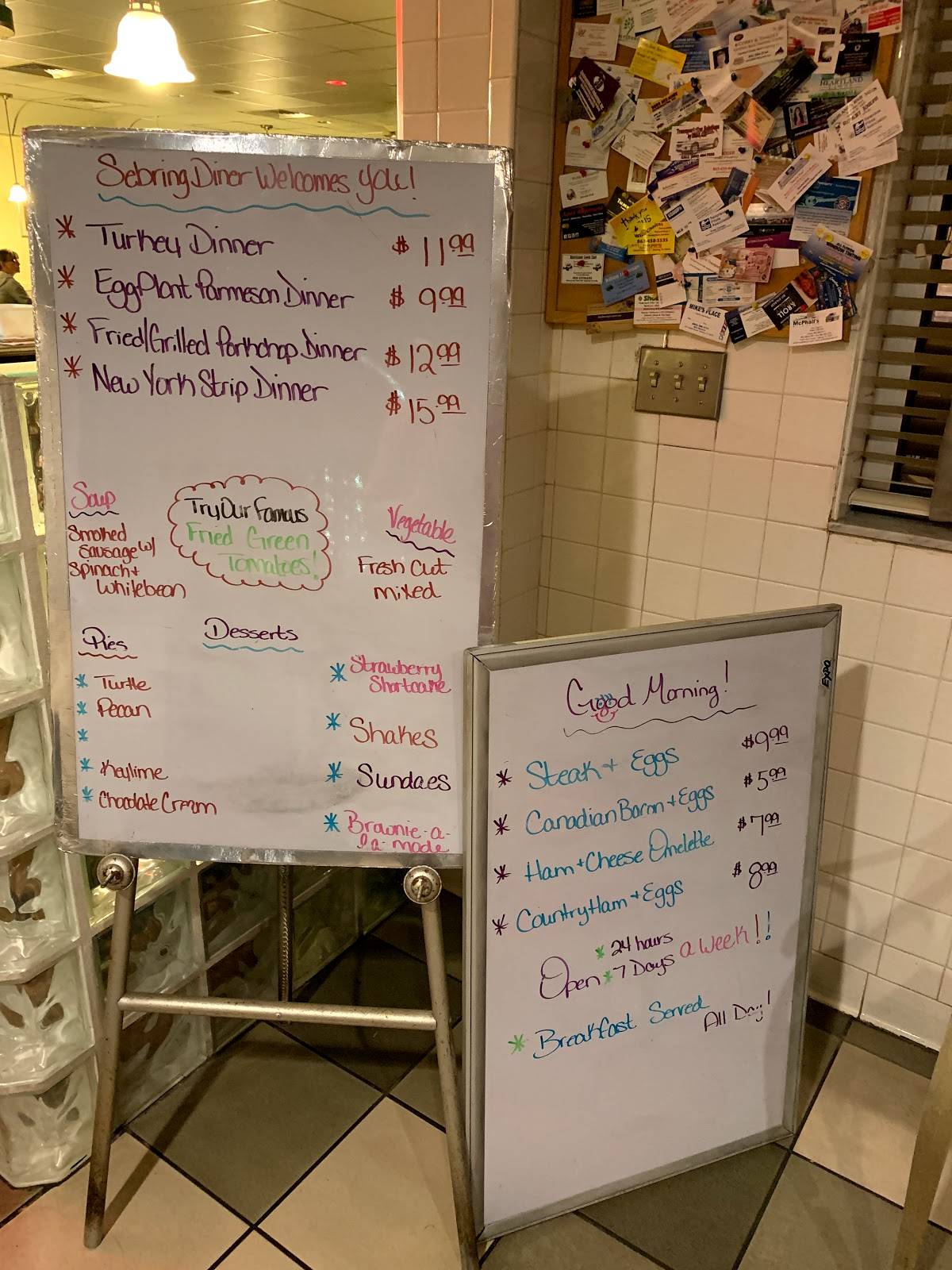 Menu at Sebring Diner restaurant, Sebring, US Hwy 27 S