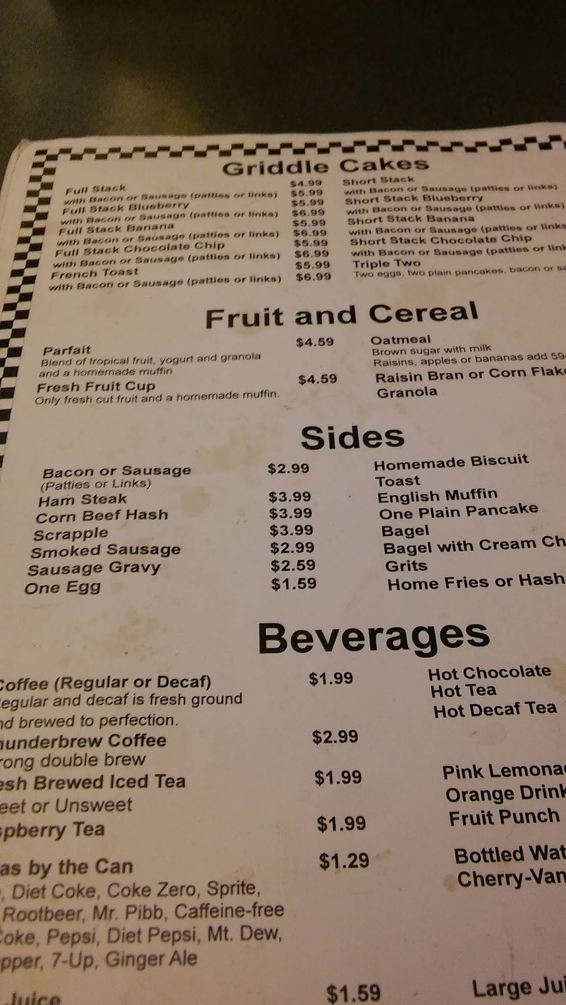 Menu at Sebring Diner restaurant, Sebring, US Hwy 27 S