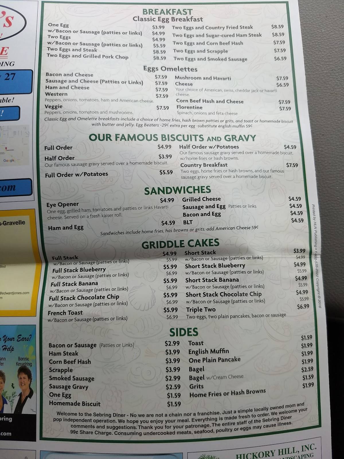 Menu at Sebring Diner restaurant, Sebring, US Hwy 27 S