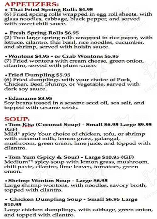 Menu at Secret Thai Cafe, Sandpoint