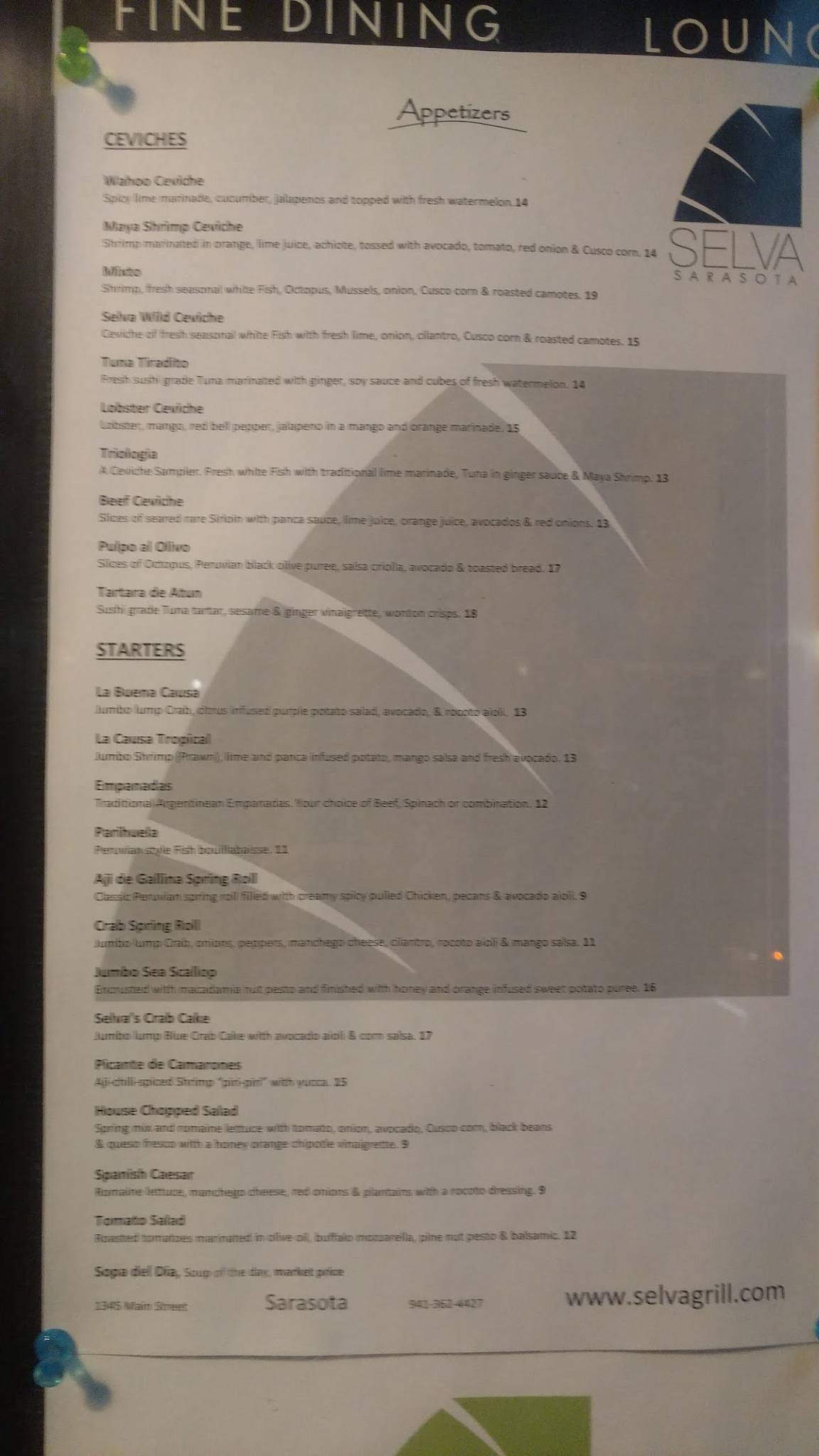 Menu at Selva Downtown Sarasota restaurant, Sarasota