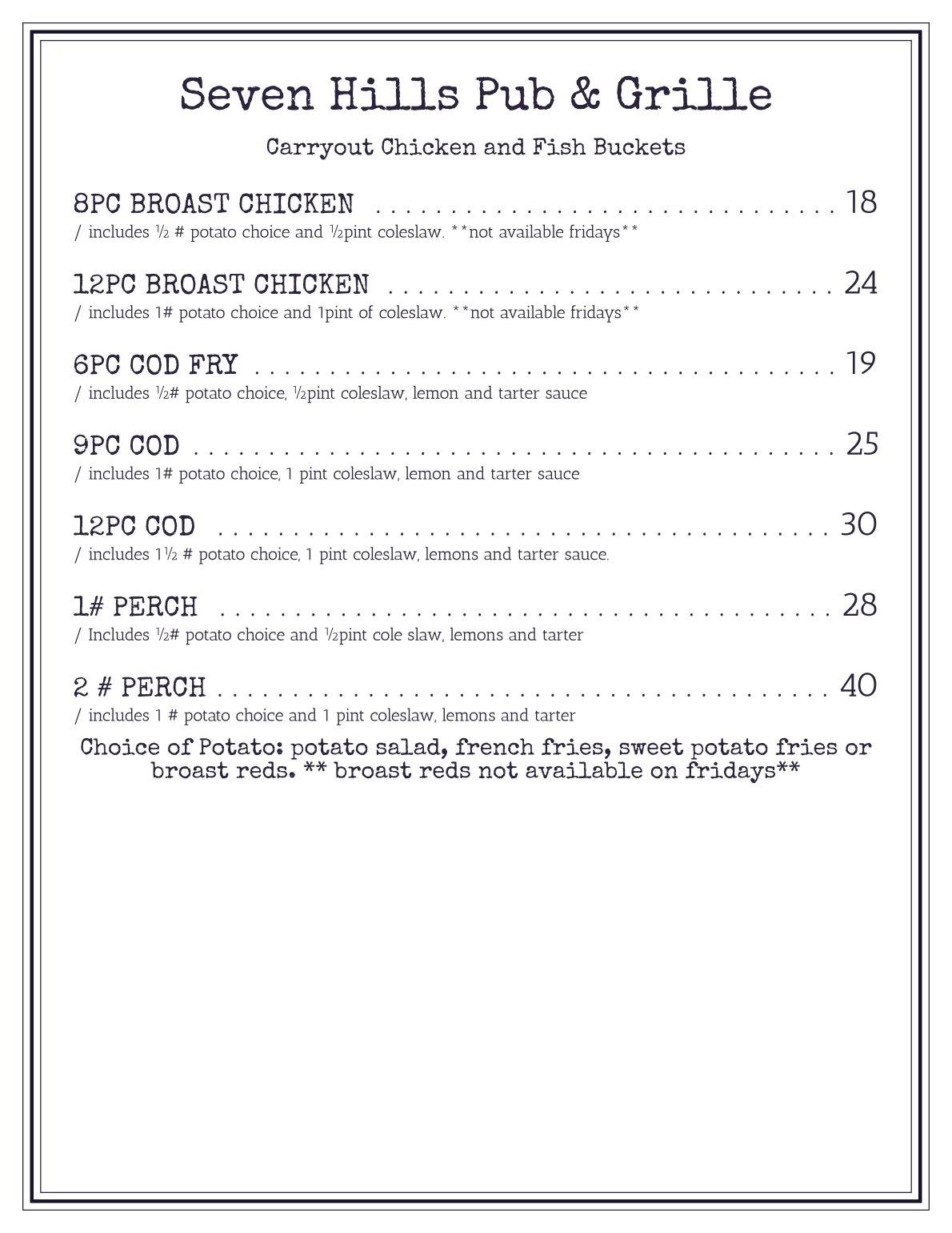 Menu at Seven Hills Pub & Grille, Port Washington