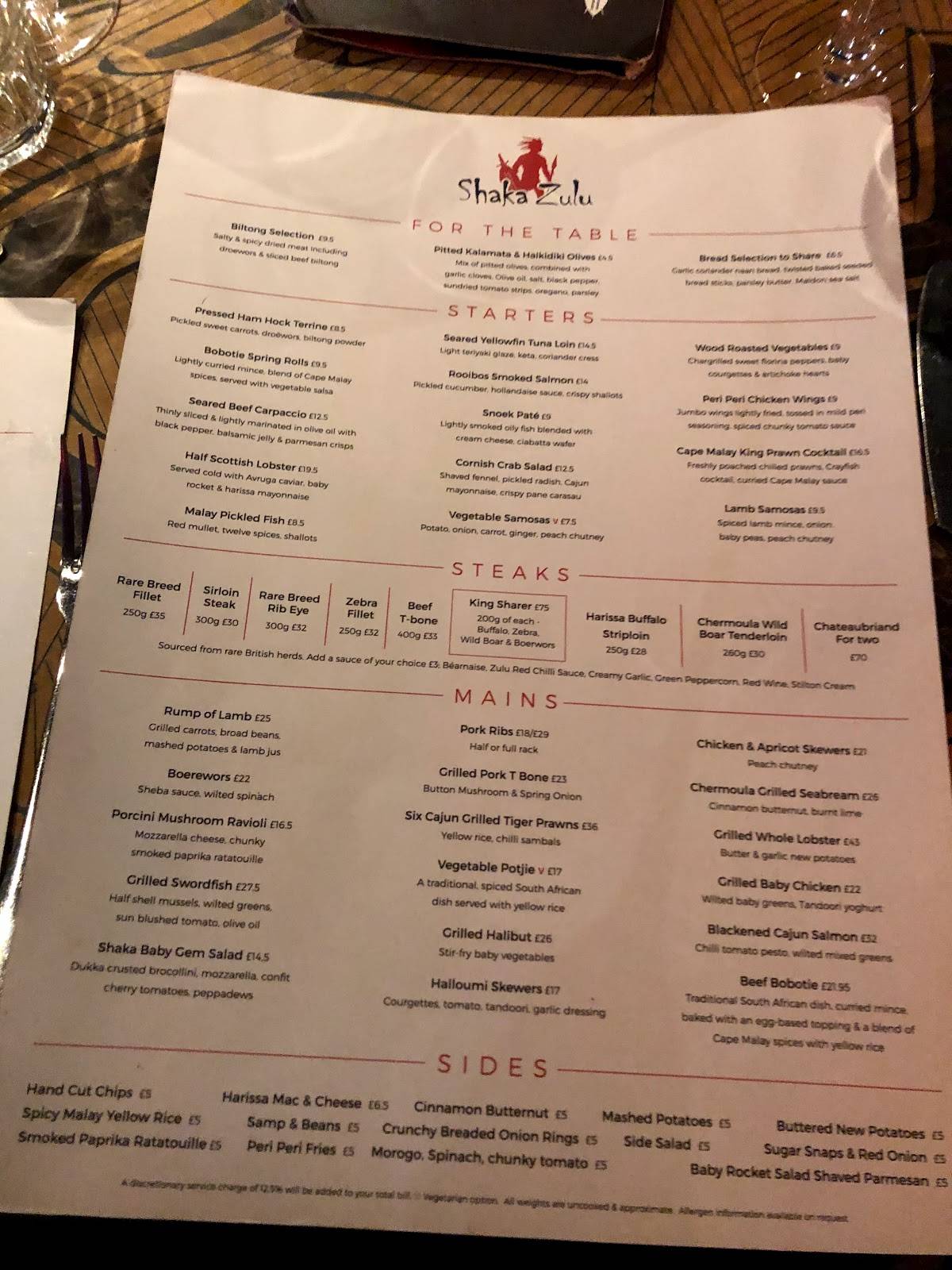 Menu at Shaka Zulu restaurant, London