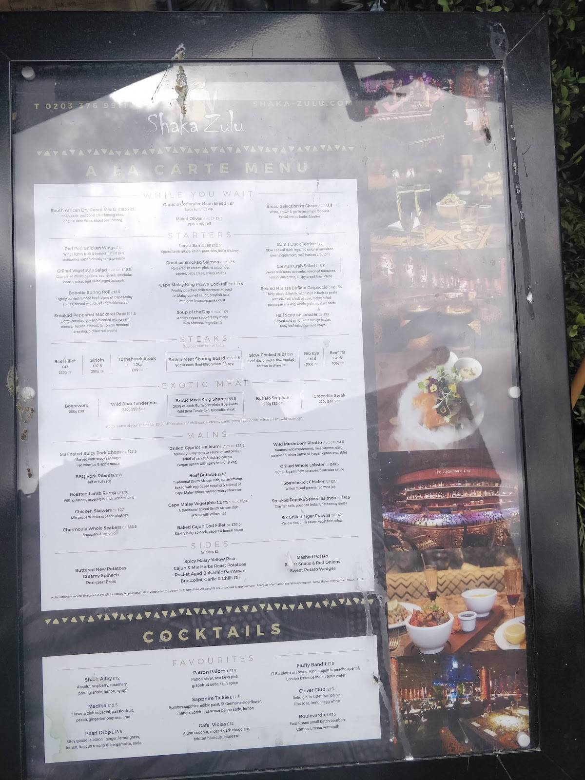 Menu at Shaka Zulu restaurant, London