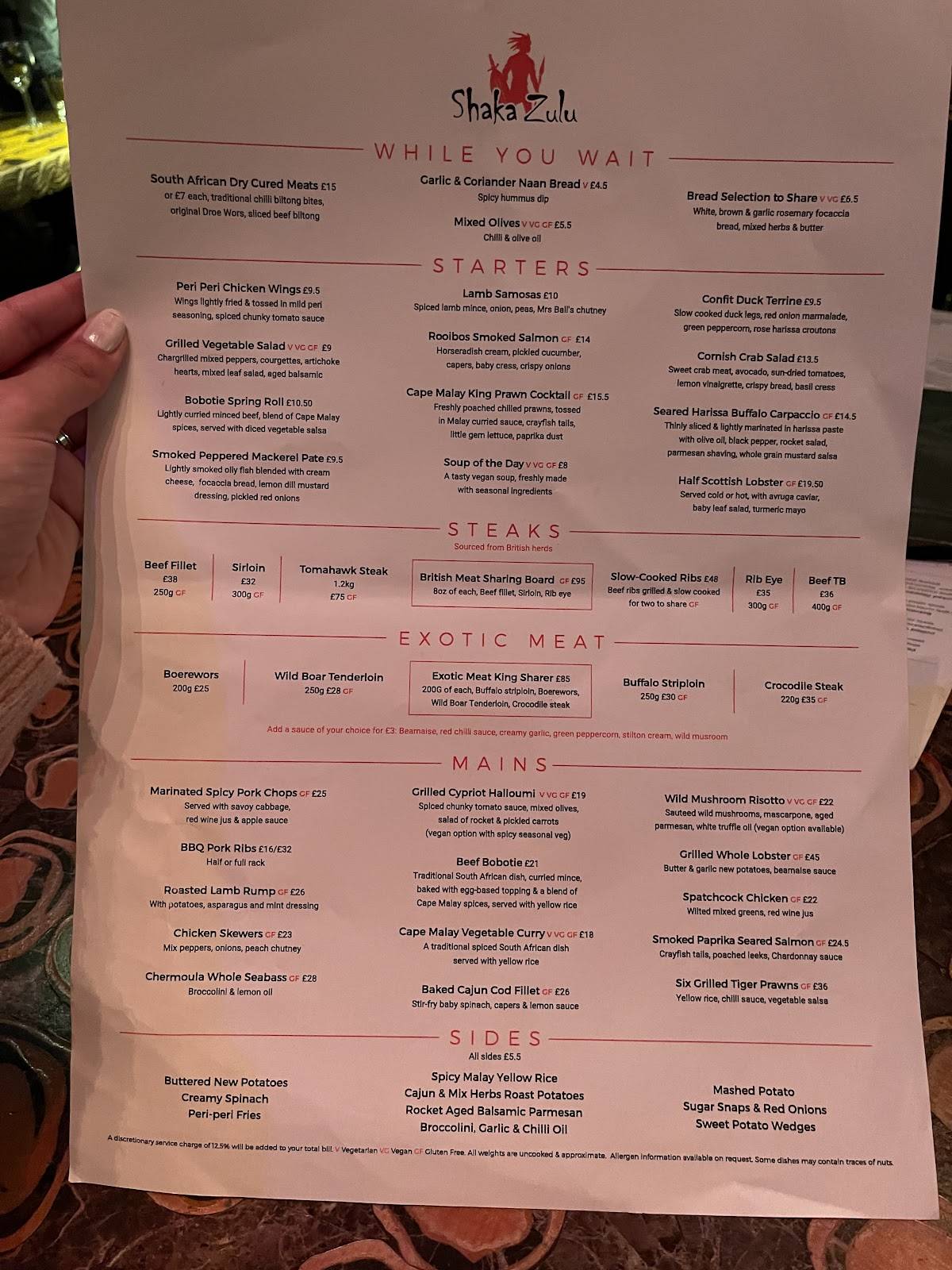 Menu at Shaka Zulu restaurant, London