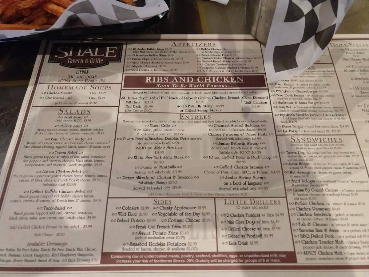 Menu at Shale Tavern & Grille restaurant, Lisbon
