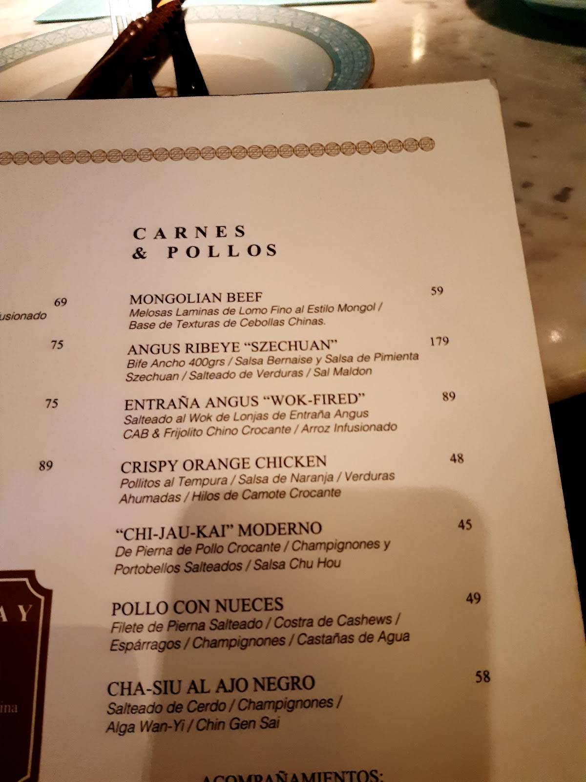Carta del restaurante Shi-Nua, Lima
