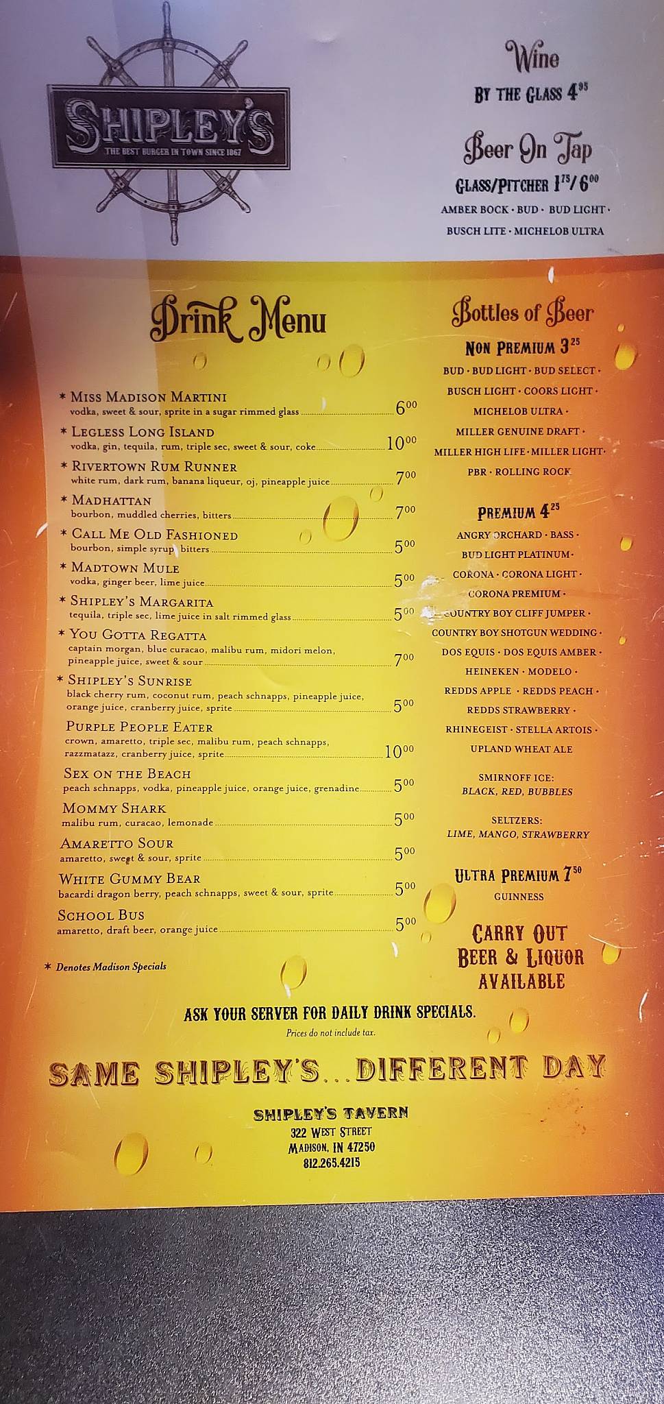 Menu at Shipley's Tavern pub & bar, Madison