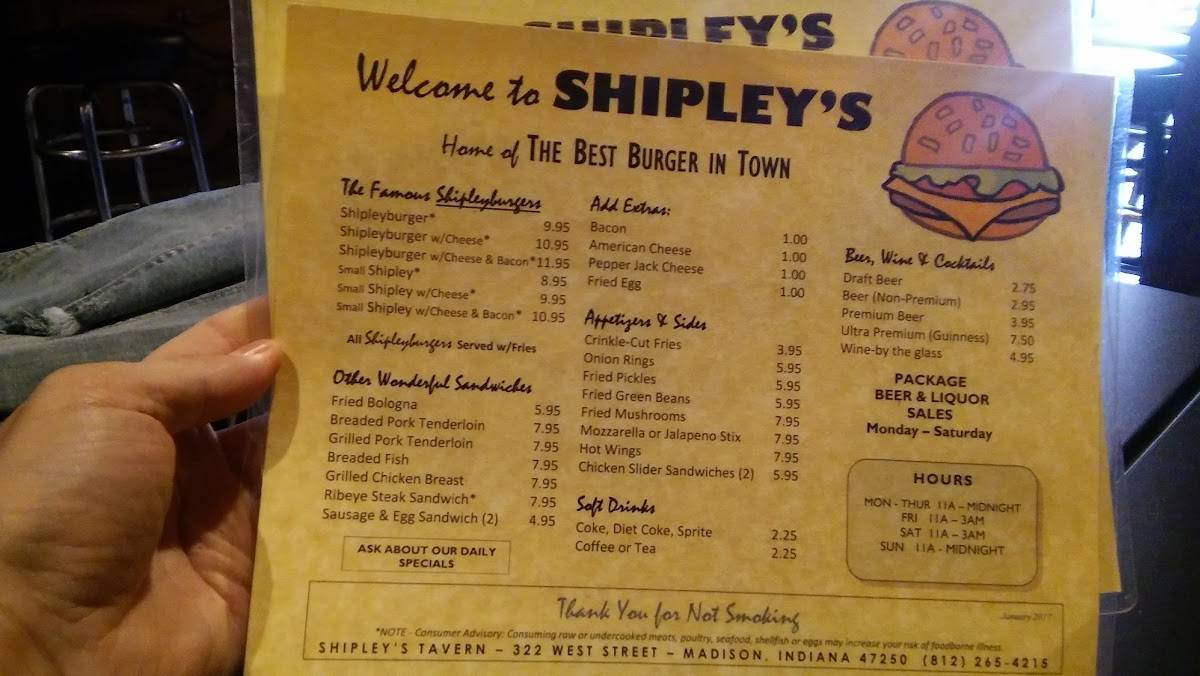 Menu at Shipley's Tavern pub & bar, Madison
