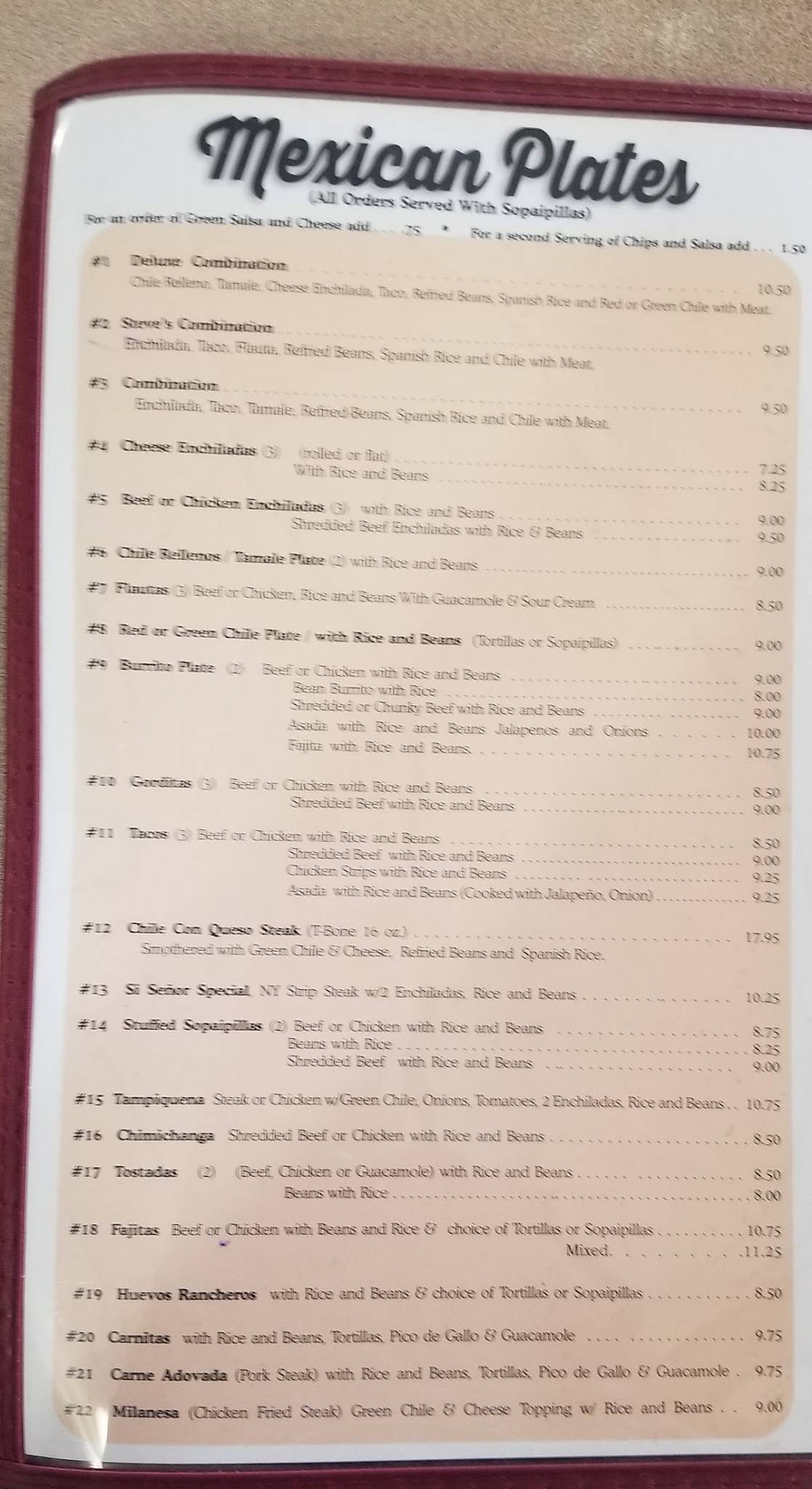 Menu at Si Señor restaurant, Deming