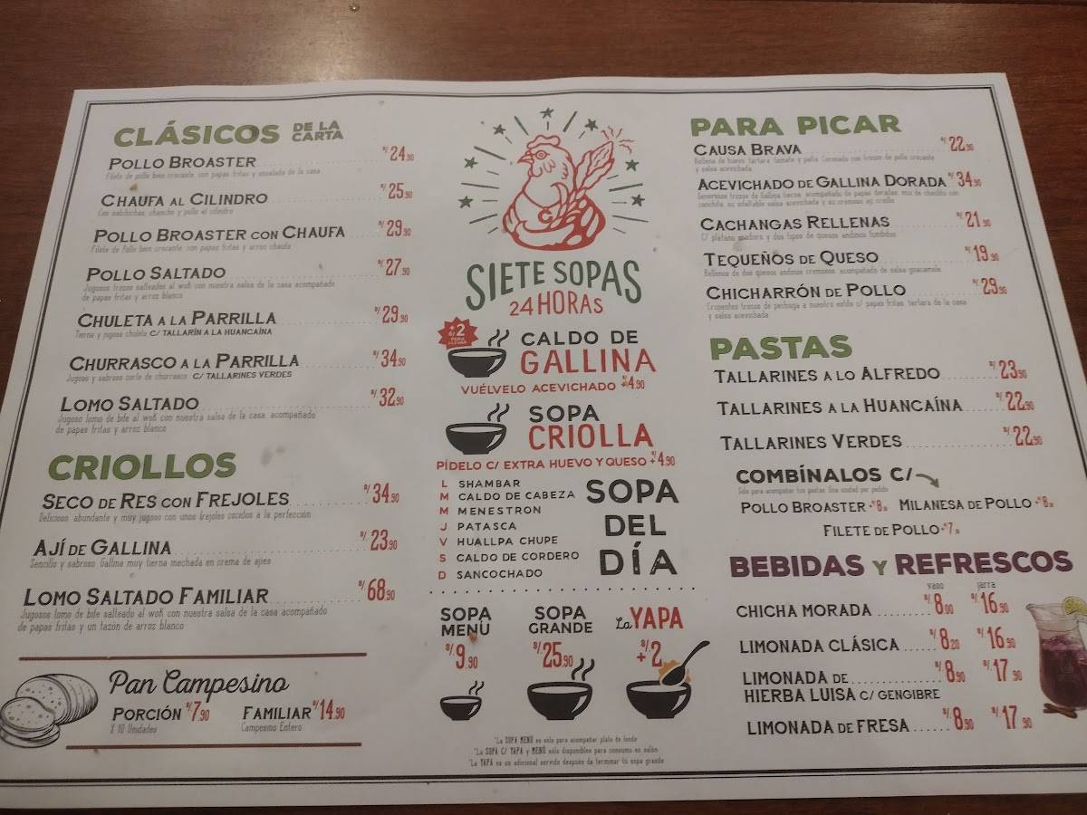 Carta del restaurante Siete Sopas Lince, Lince, Av. Arequipa 2394