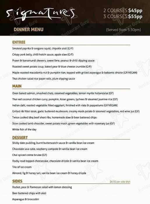 Menu at Signatures restaurant, Tweed Heads, 2/30 Wharf St
