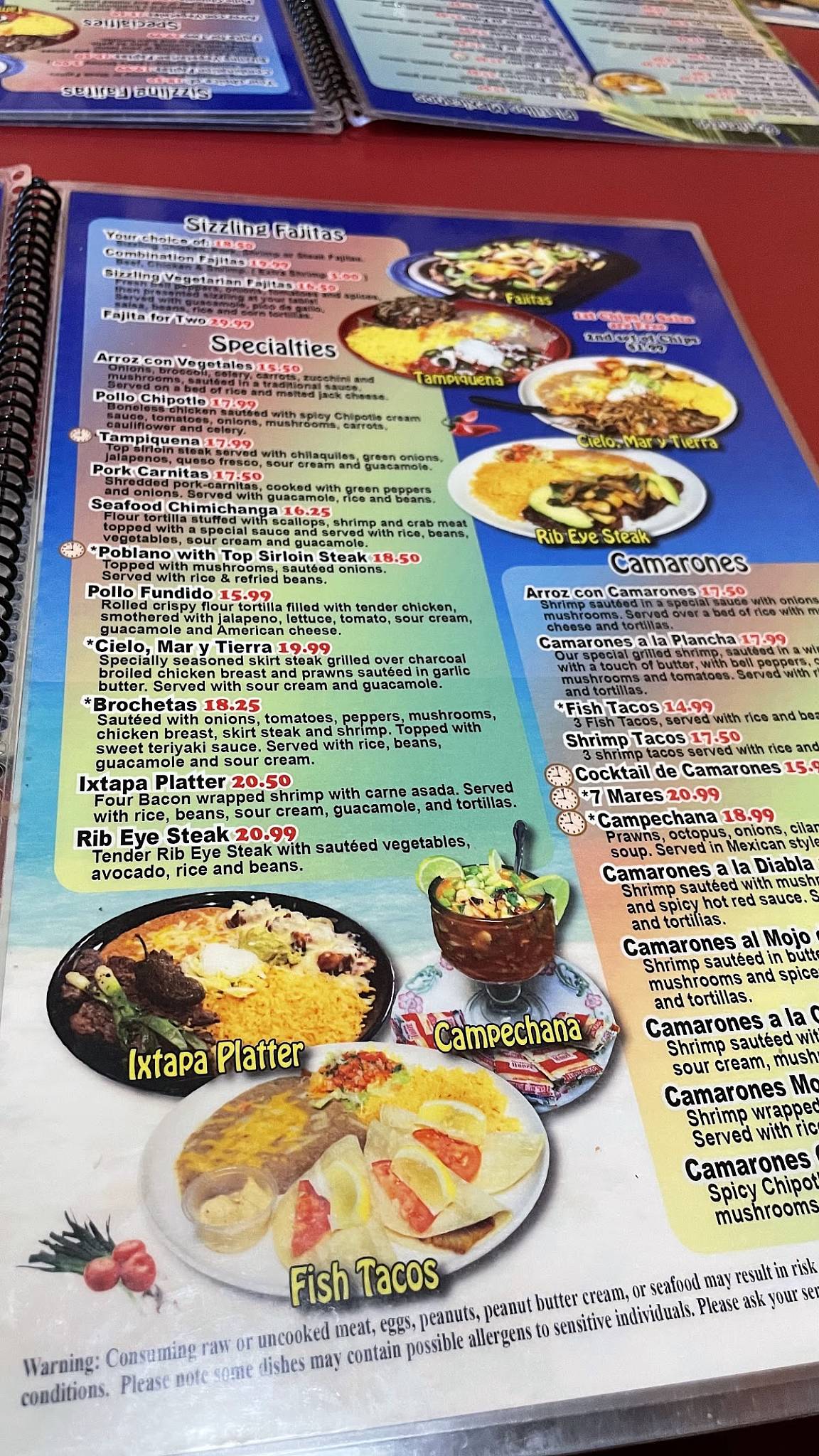 Menu at Ixtapa restaurant, Silverton