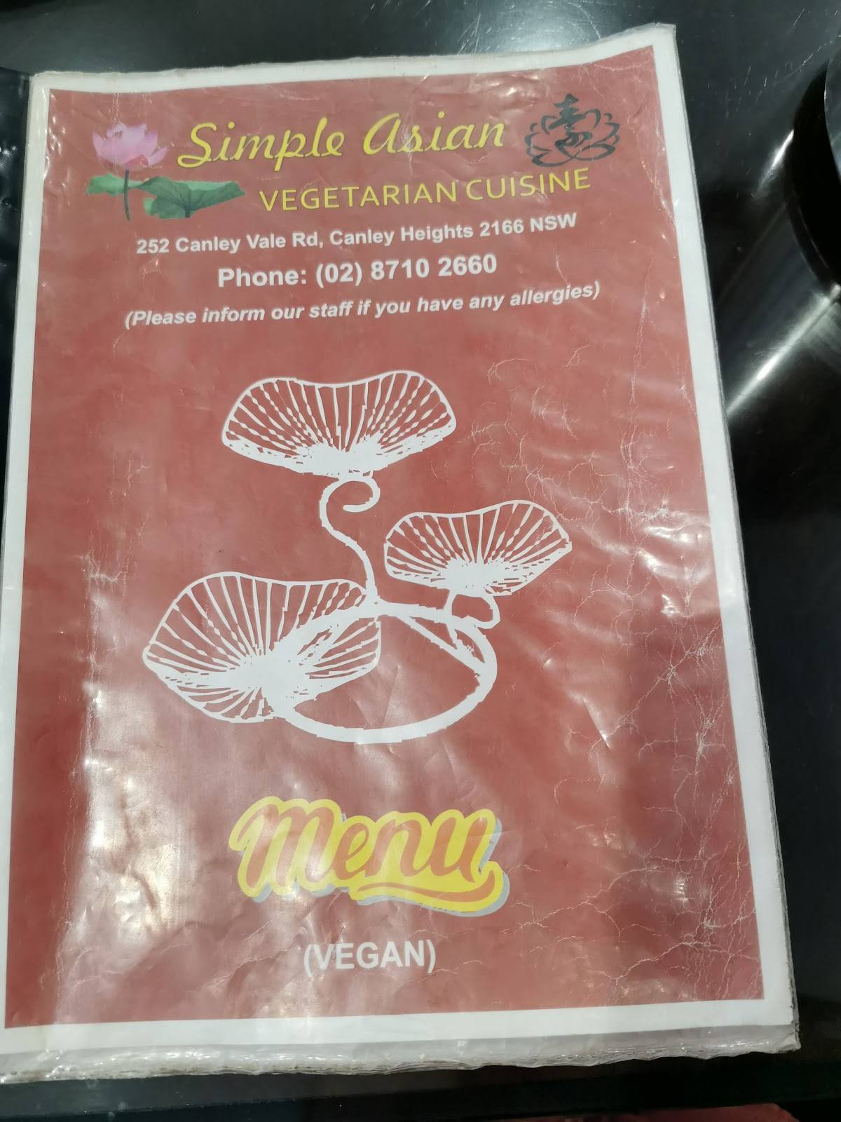 Menu at Simple Asian Vegetarian Cuisine restaurant, Canley Heights