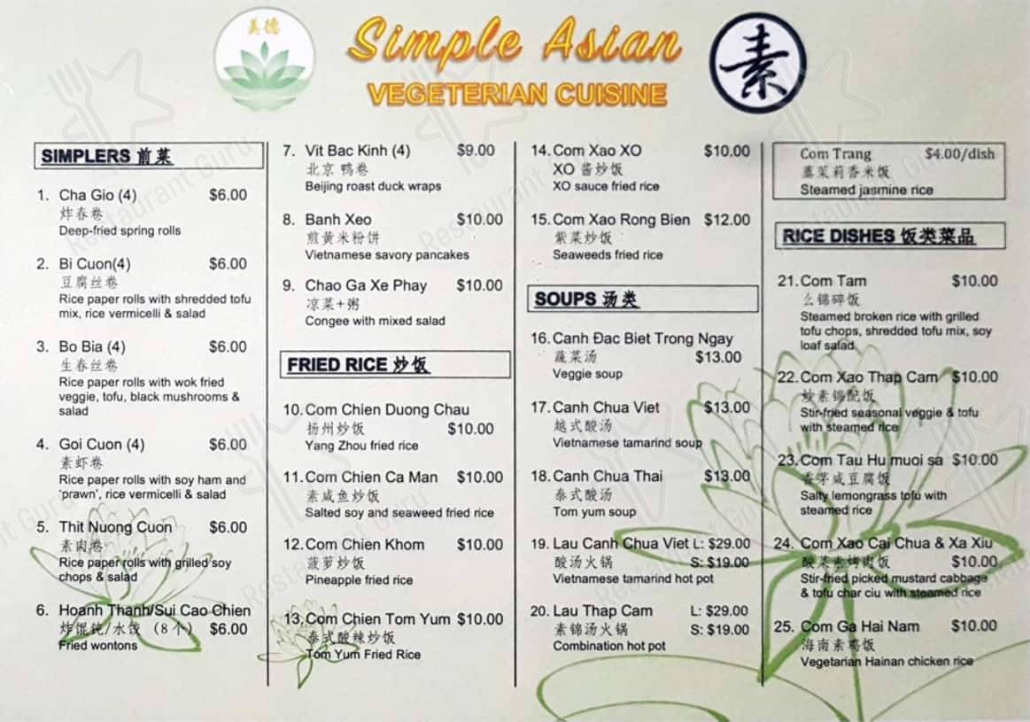 Menu at Simple Asian Vegetarian Cuisine restaurant, Canley Heights