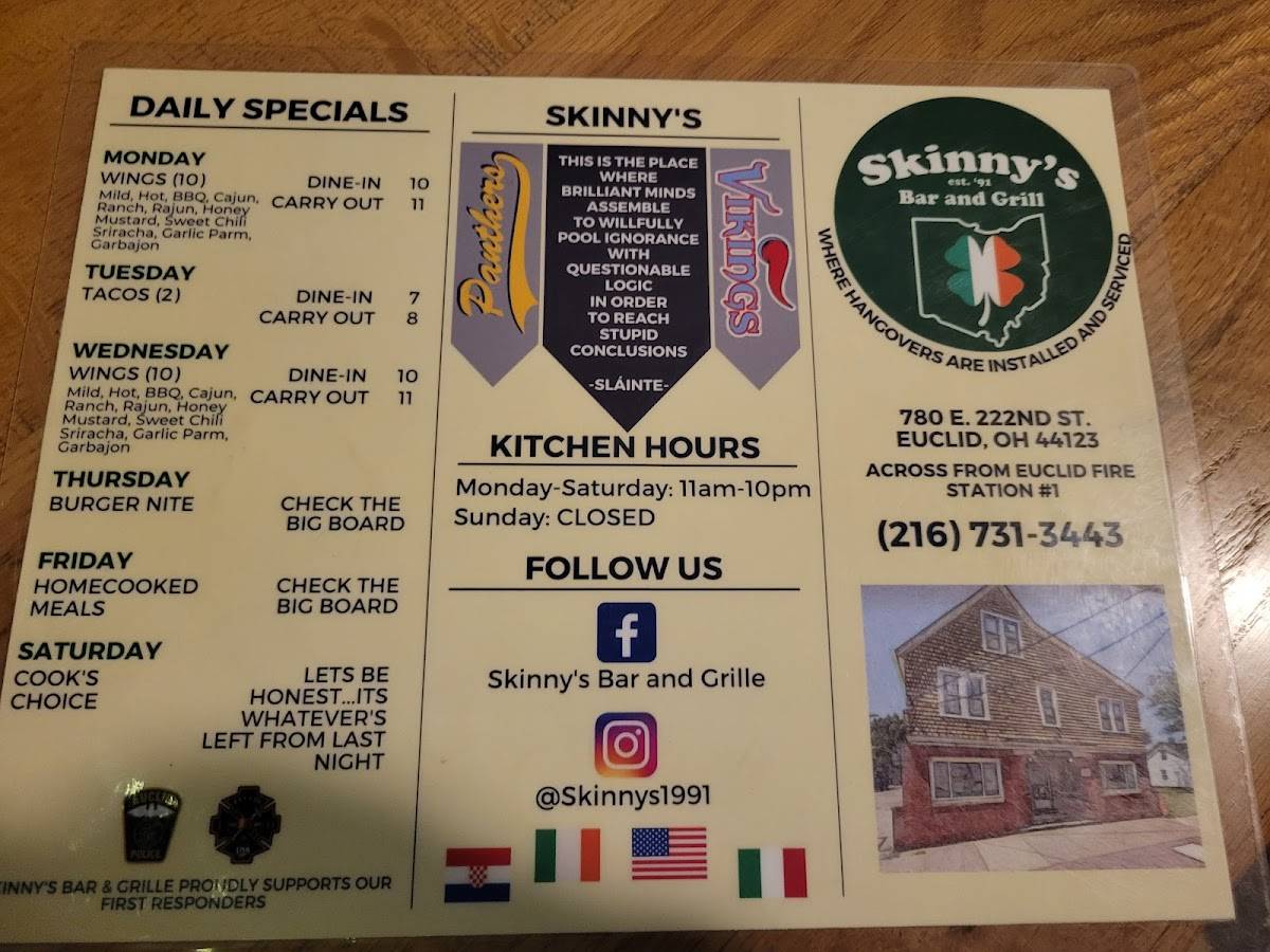 Menu at Skinny's Bar & Grill, Euclid