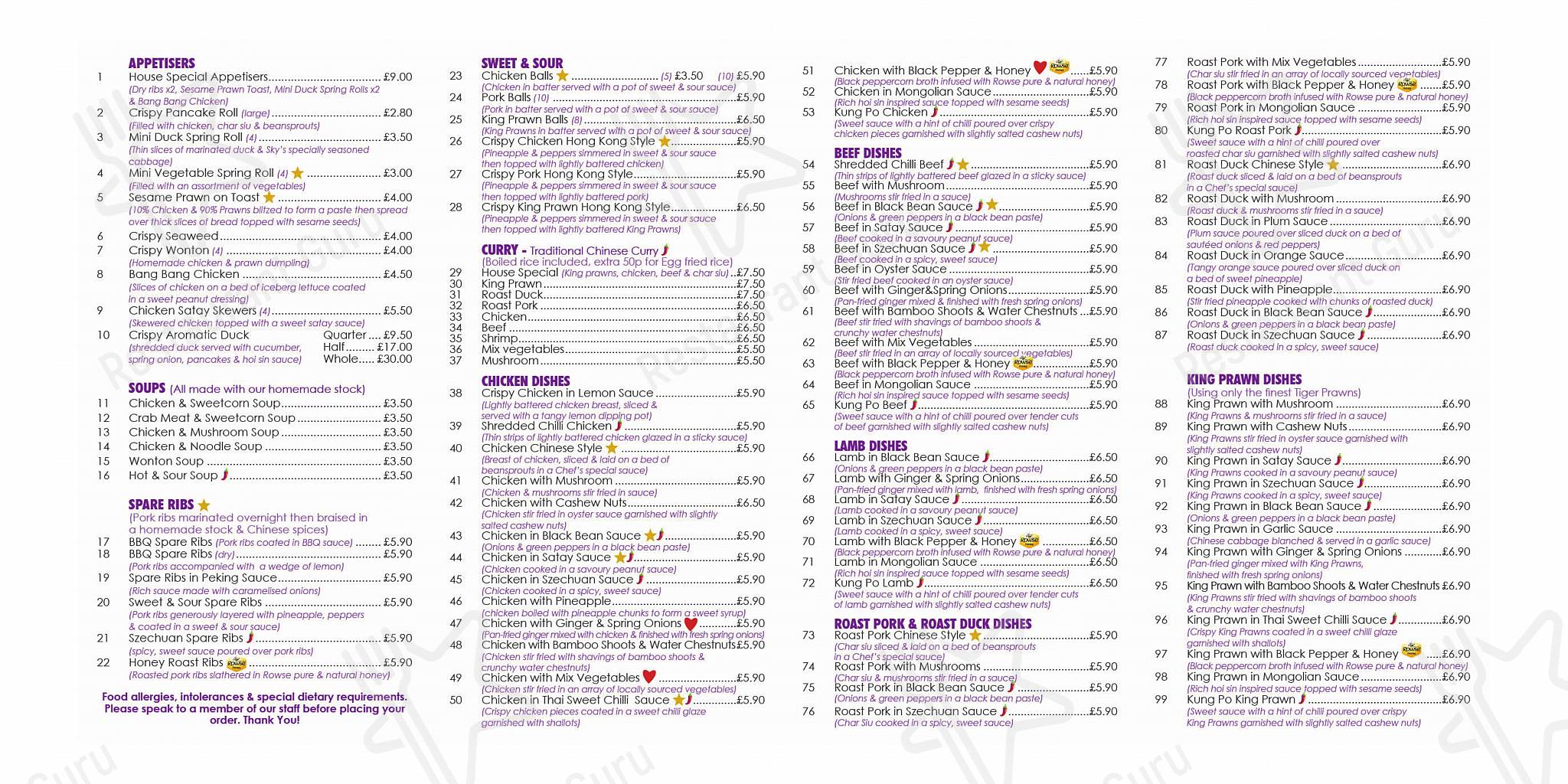 Menu at Sky Chinese Takeaway pub & bar, Burnham-on-Sea