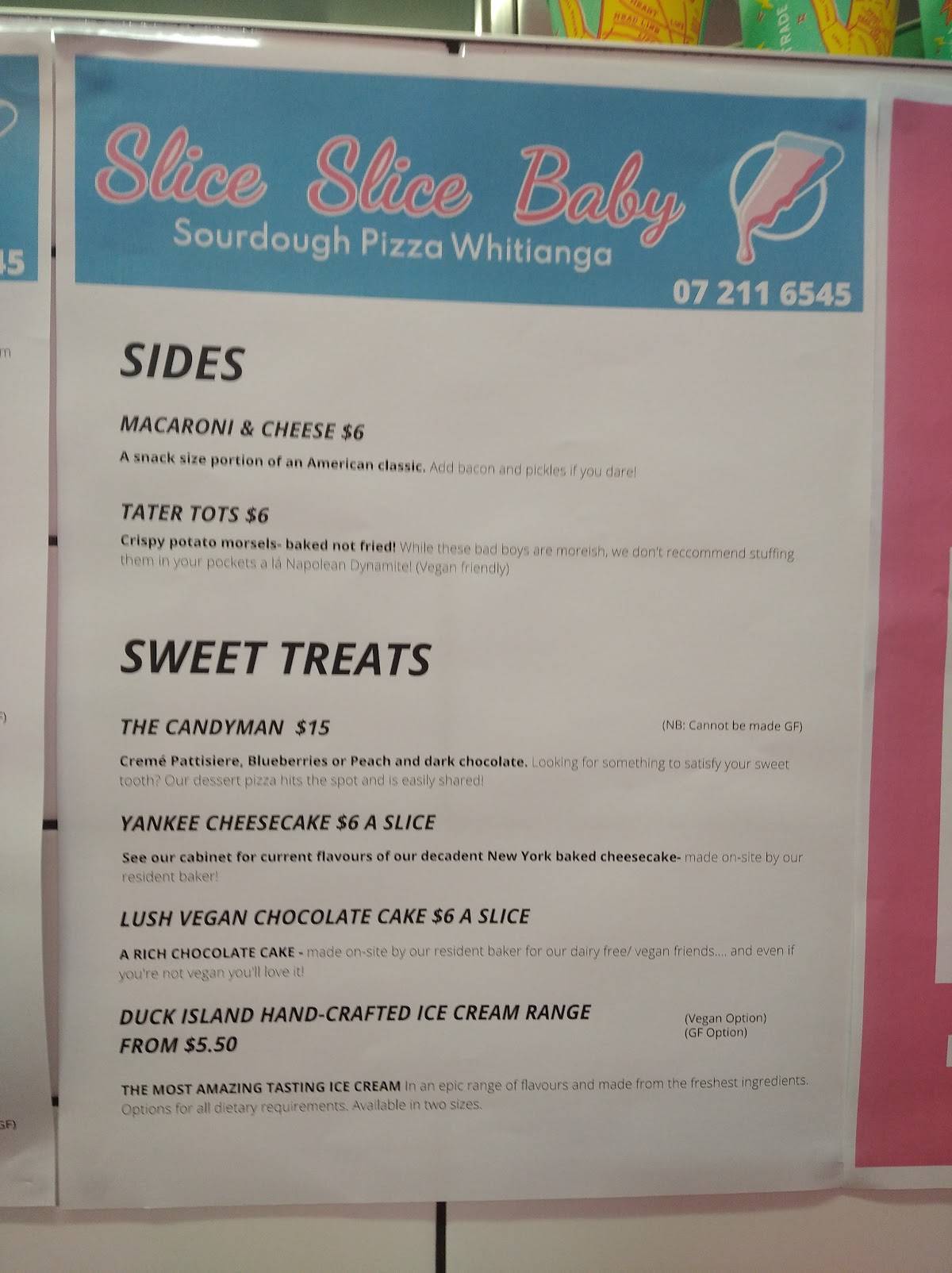 Menu at Slice Slice Baby pizzeria, Whitianga