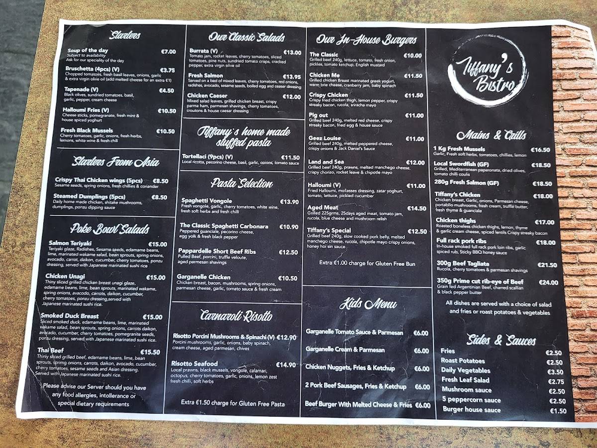 Menu at Tiffany's Bistro restaurant, Sliema