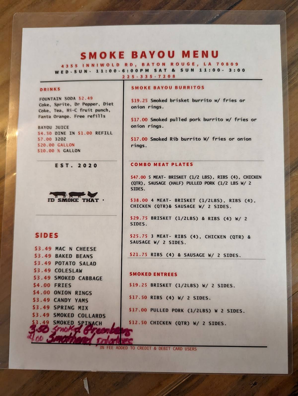 Menu at Smoke Bayou BBQ, Baton Rouge, Inniswold Rd