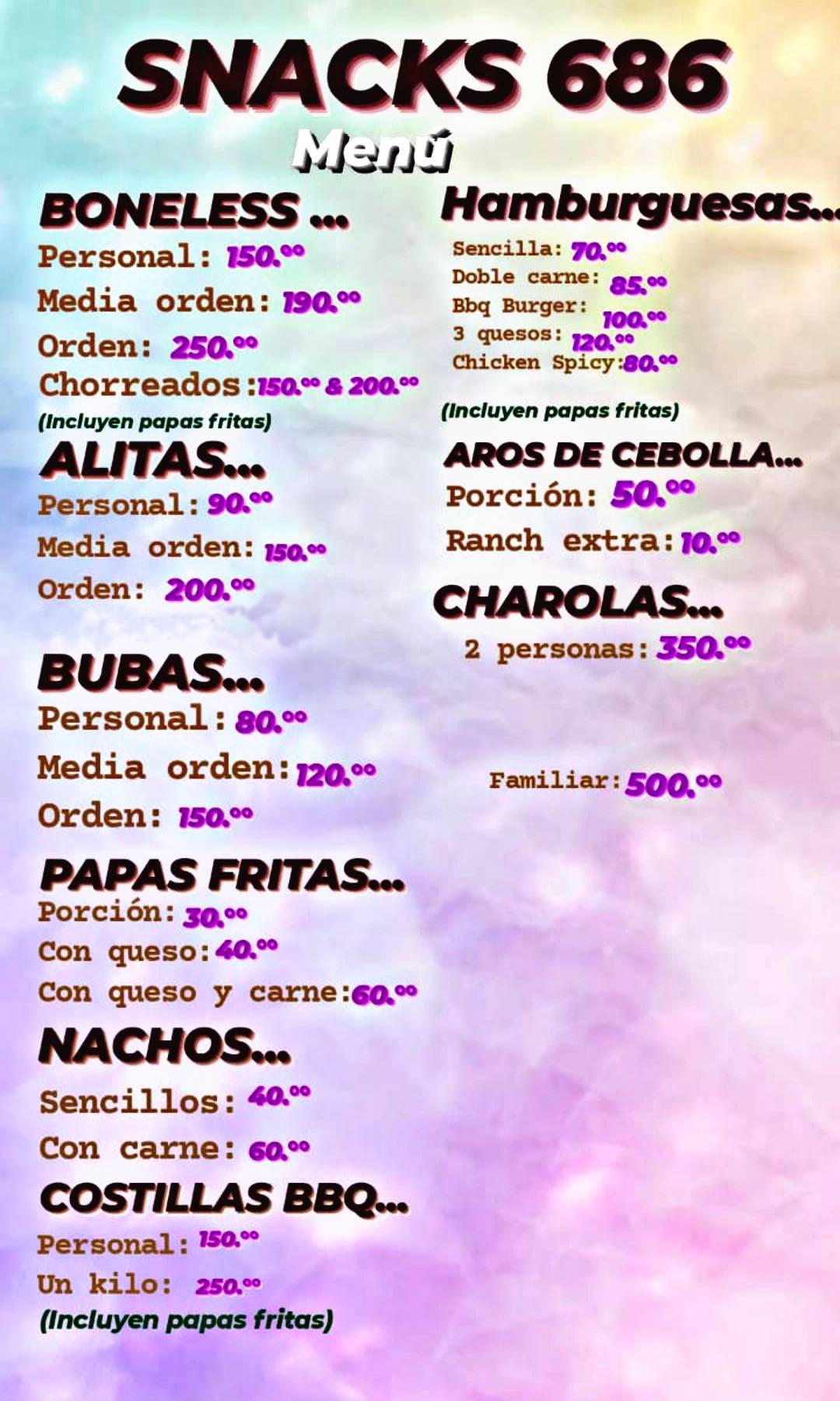 Menu at Snacks 686 - Fast Food, Mexicali