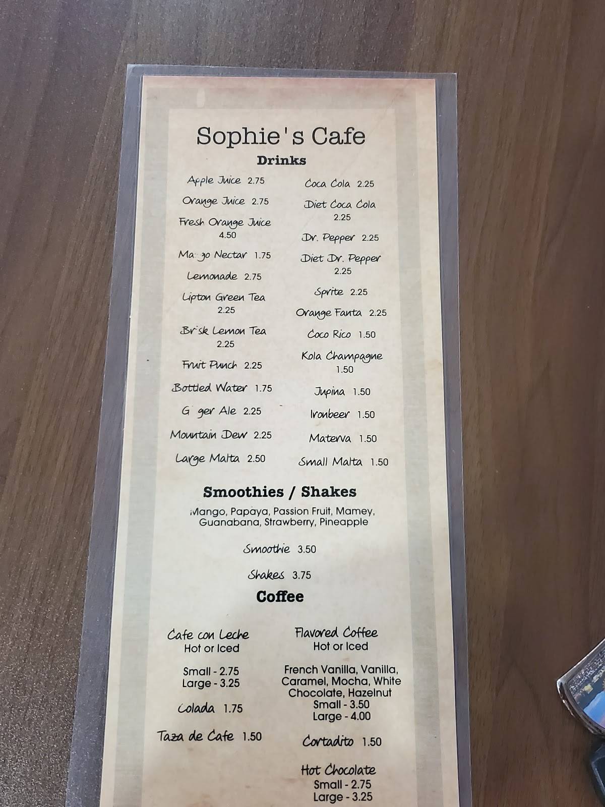 Menu at Sophie’s Cafe, Sebring