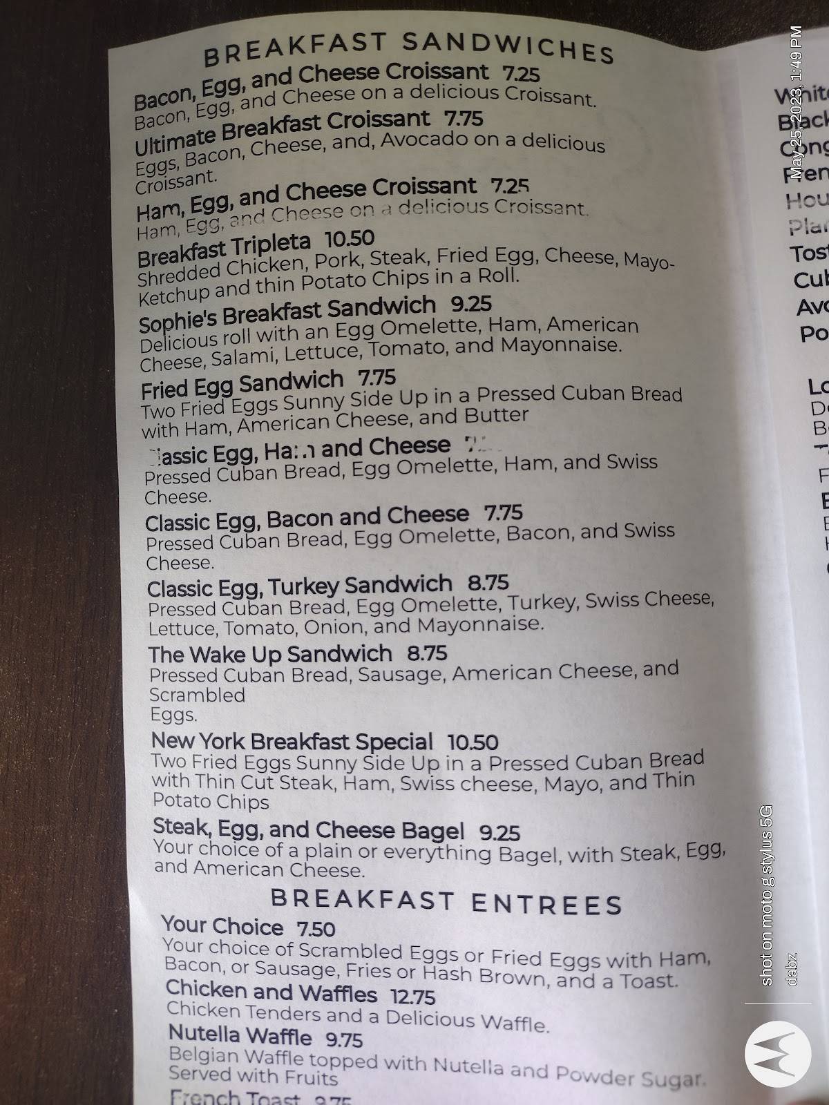 Menu at Sophie’s Cafe, Sebring