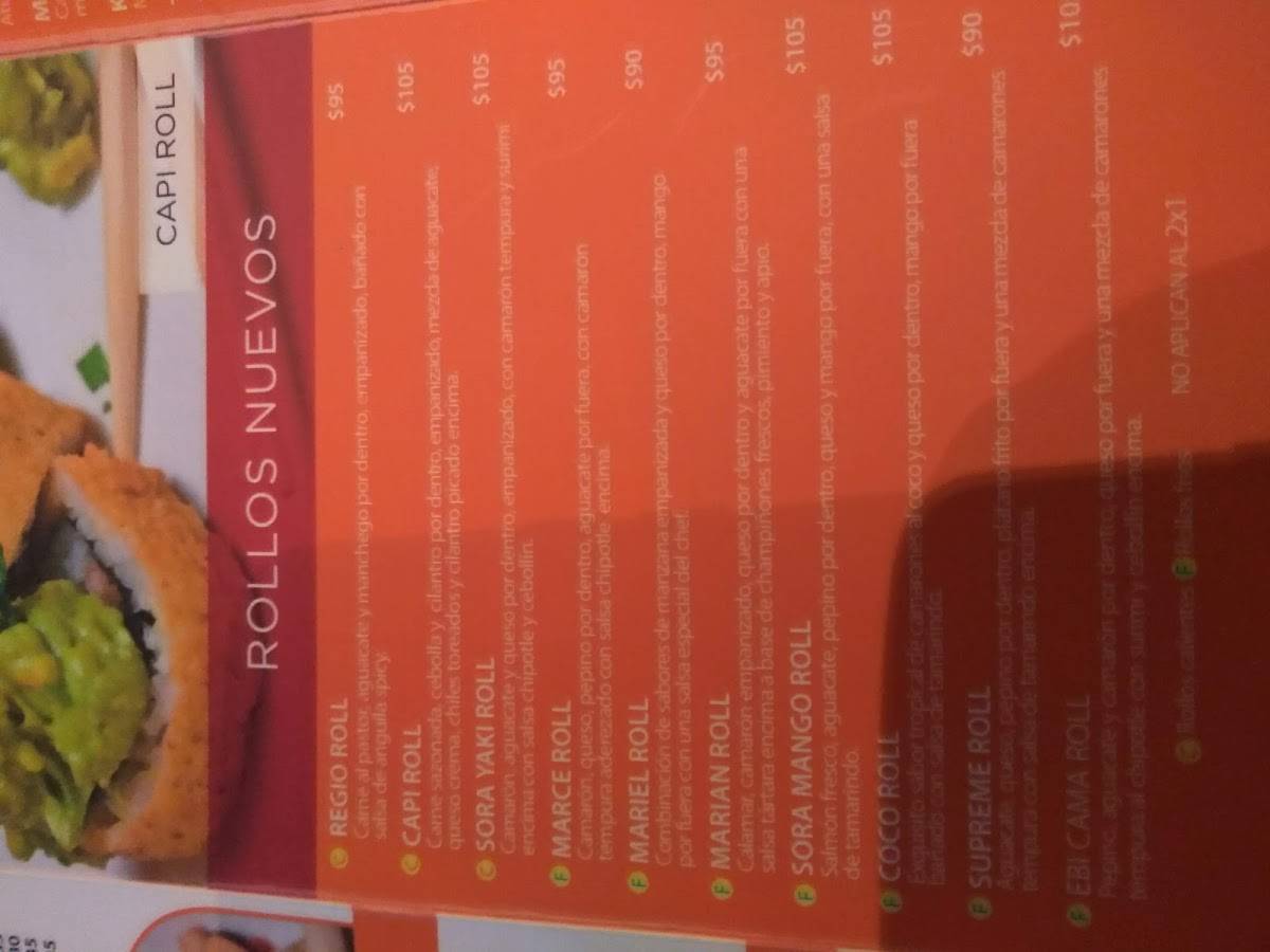 Menu at Sora Sushi Bar, Matamoros, Calle Sexta 504 Plaza Andrea