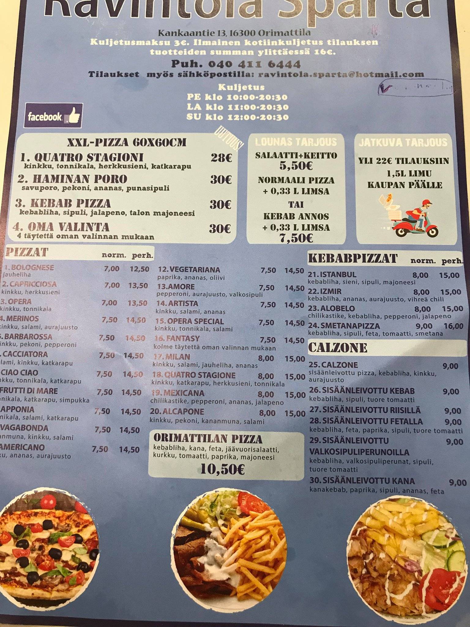 Menu at Sparta restaurant, Finland