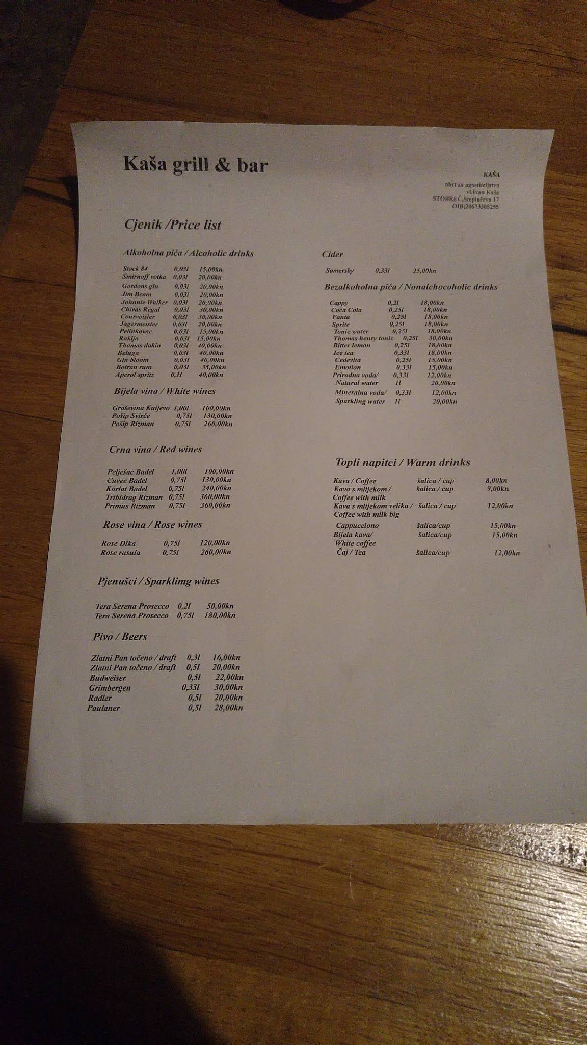 Menu at Kaša grill bar, Stobreč