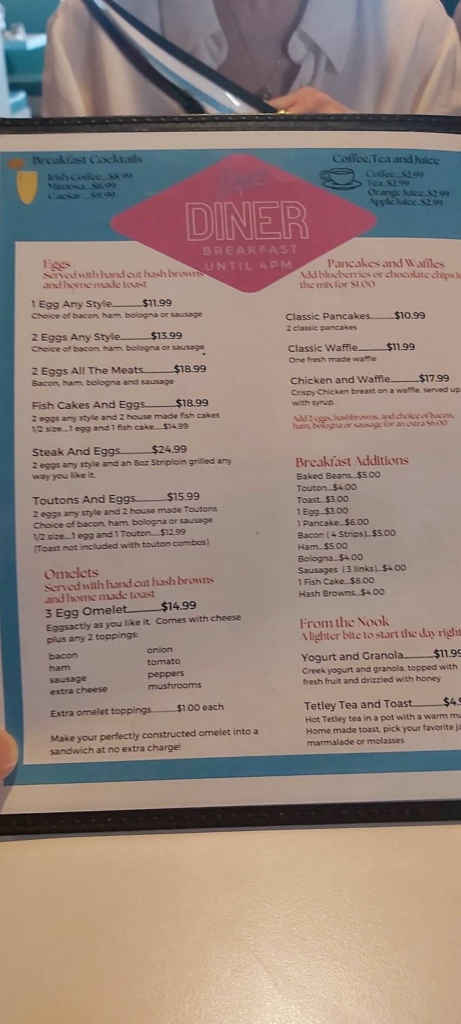 Menu at Pop’s Diner restaurant, St. John's