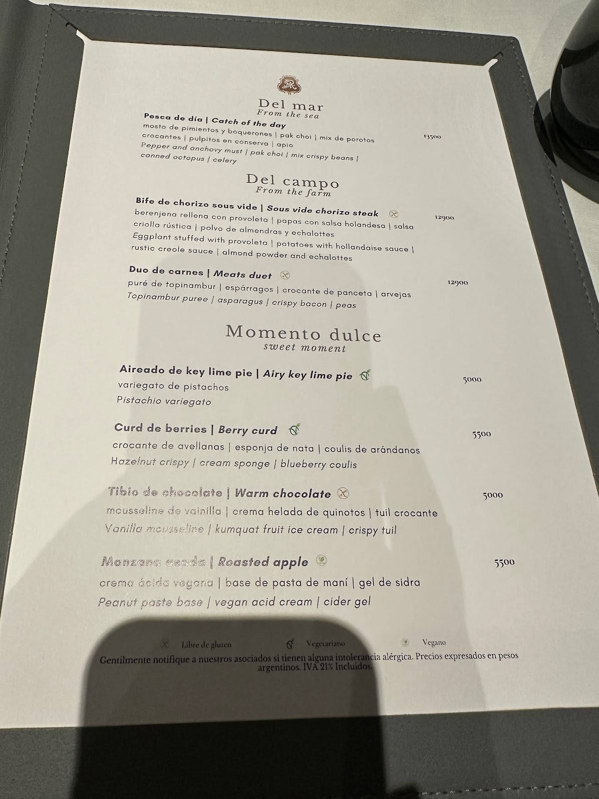 Menu at St. Regis Restaurant, Buenos Aires