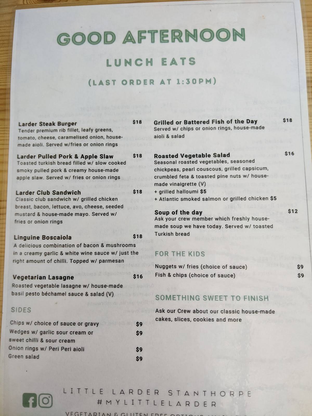 Menu at The Little Larder cafe, Stanthorpe