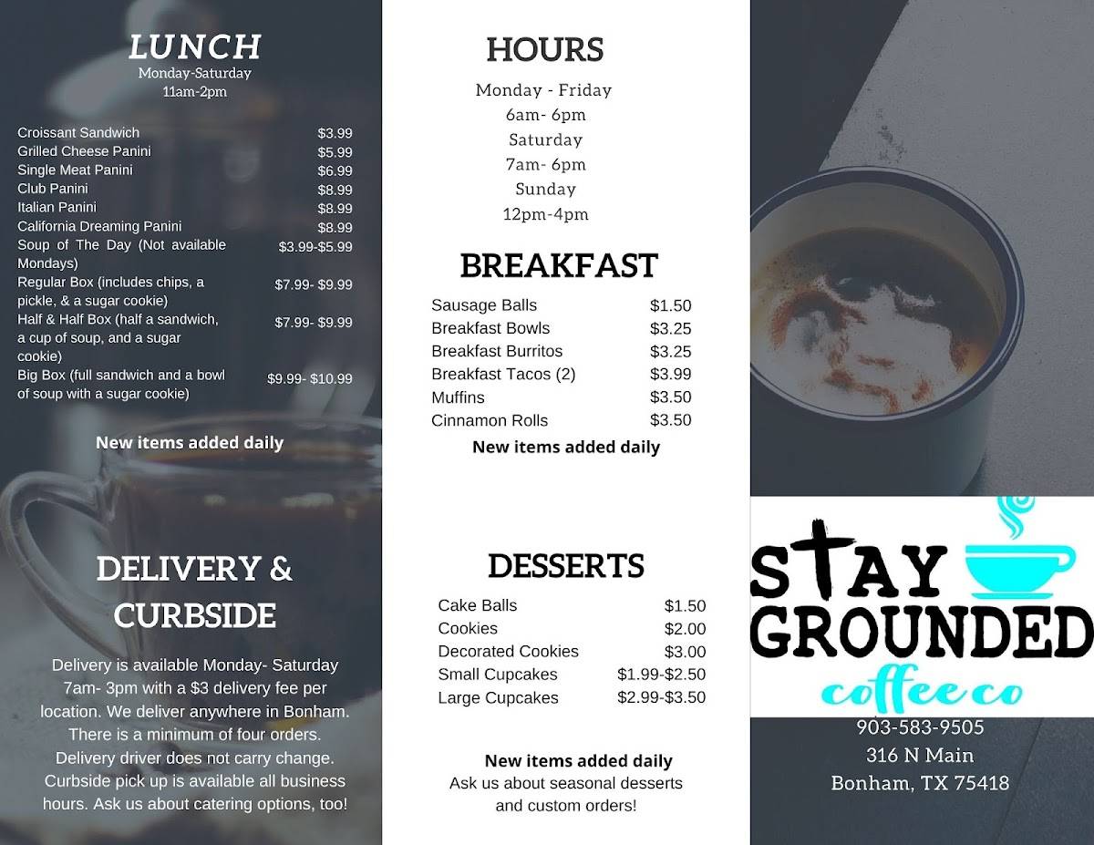 Menu at Stay Grounded Coffee Cafe, Bonham
