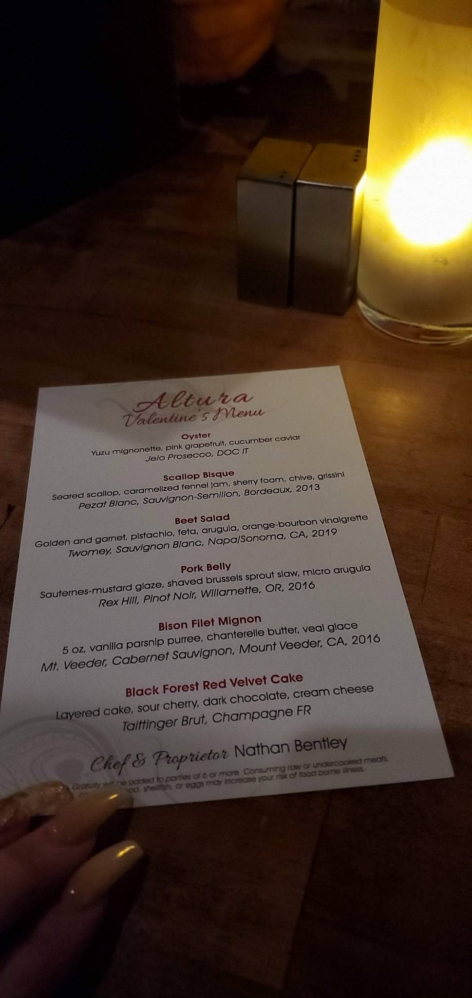 Menu at Altura Bistro steakhouse, Anchorage