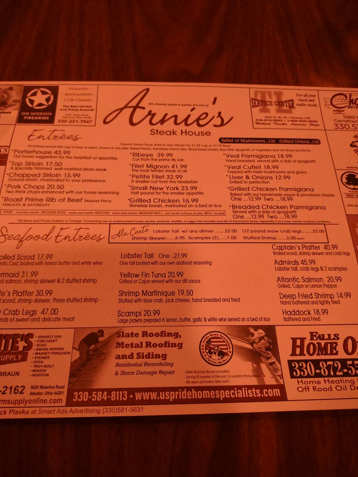 Menu at Arnie's West Branch Steak House steakhouse, Ravenna