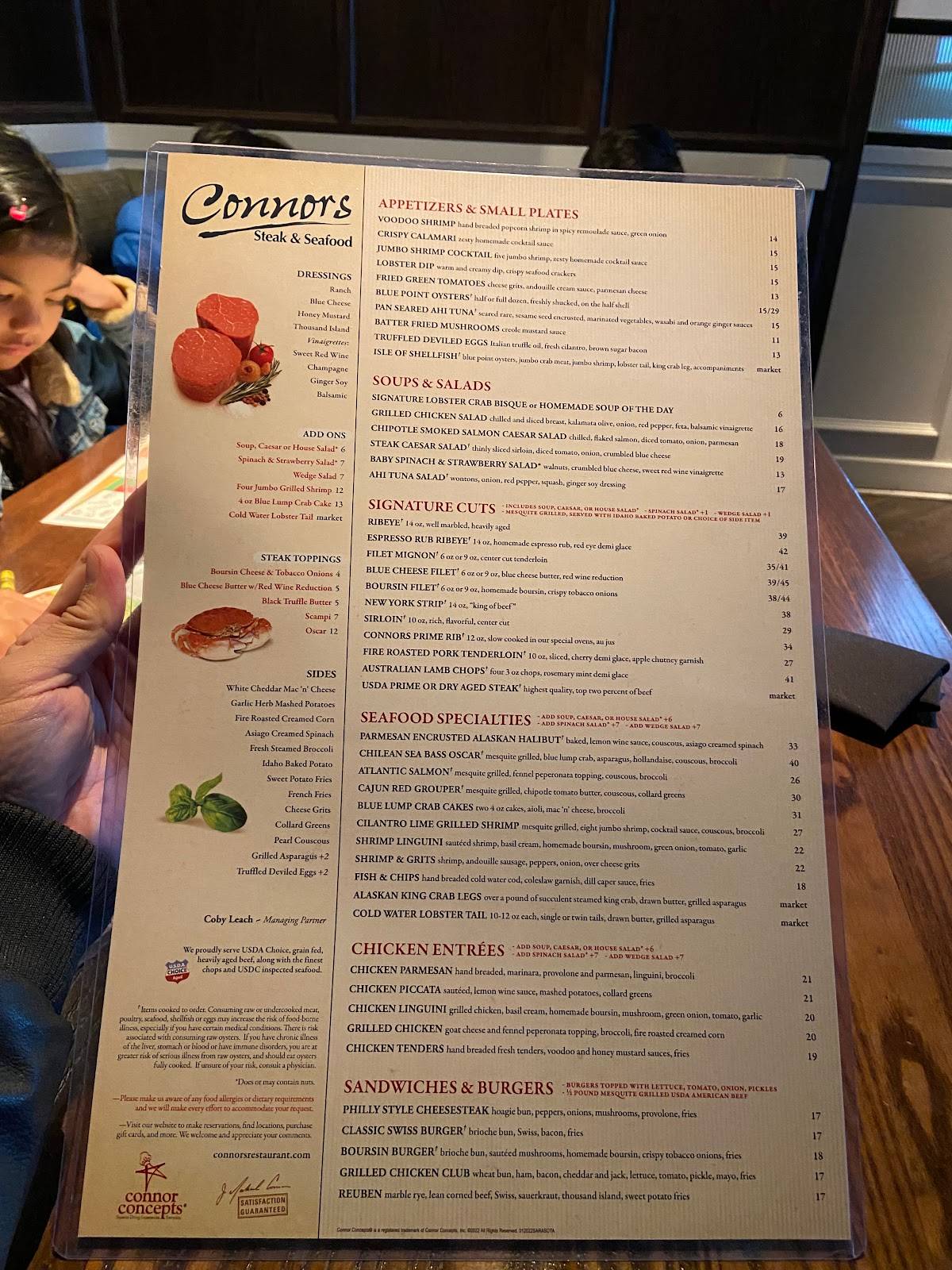 Menu at Connors Steak & Seafood steakhouse, Sarasota
