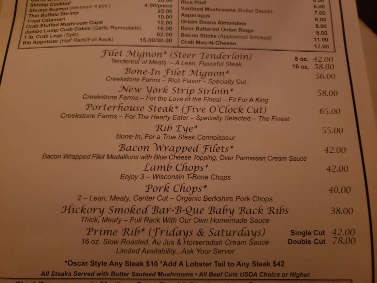 Menu at Five O'Clock Steakhouse, Milwaukee