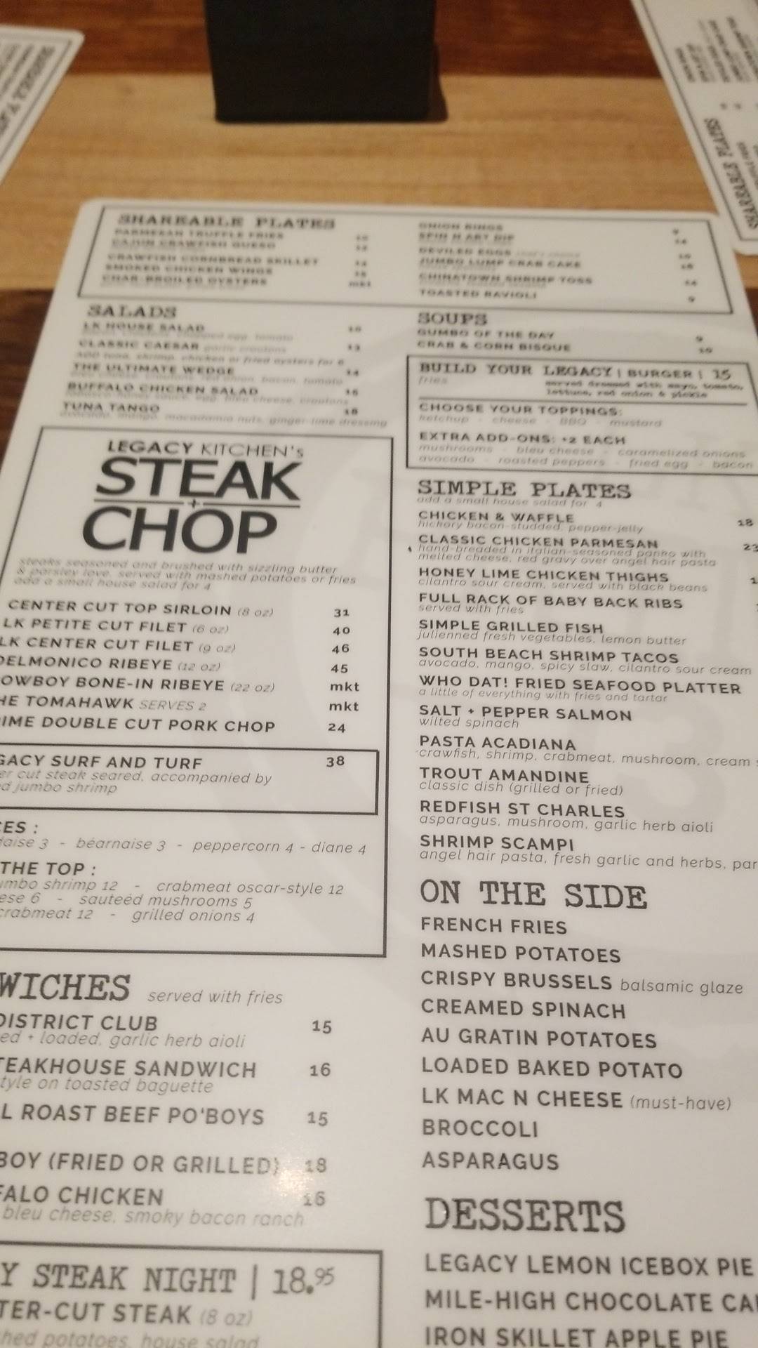 Menu at Legacy Kitchen's Steak and Chop steakhouse, Gretna, 91 Westbank ...
