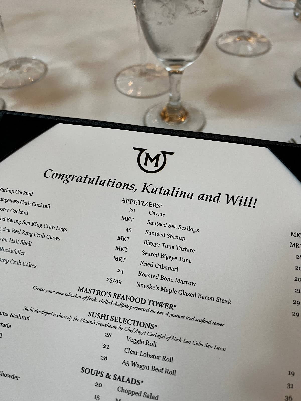 Menu at Mastro's Ocean Club, Las Vegas