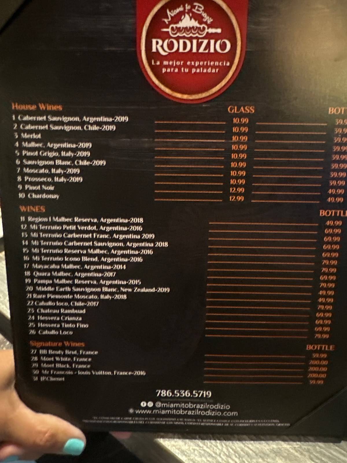 Menu at Miami to Brazil Rodizio steakhouse, Kendall West