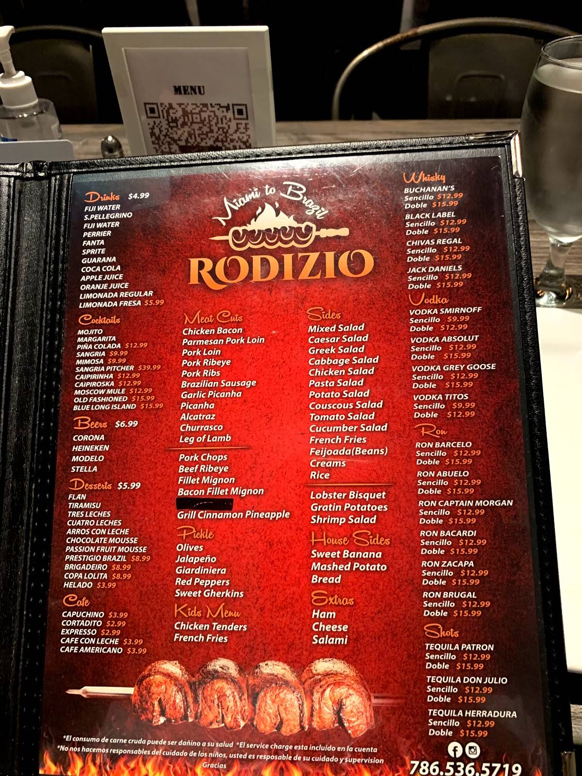 Menu at Miami to Brazil Rodizio steakhouse, Kendall West