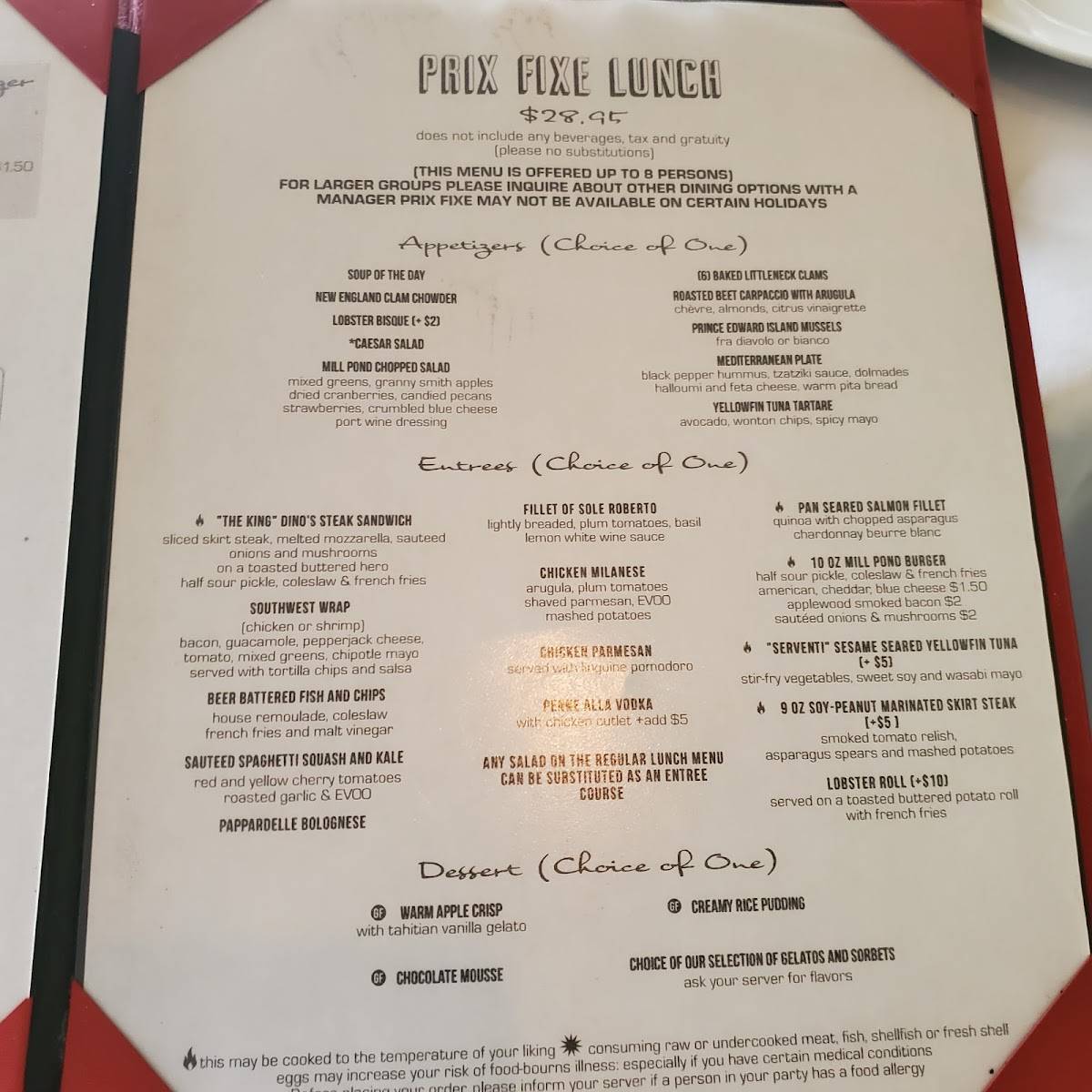 Menu at Mill Pond House steakhouse, Centerport