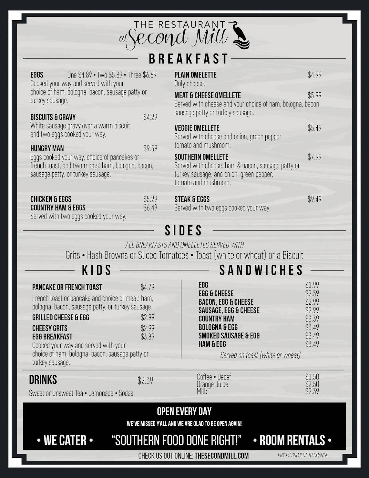Menu at The Restaurant at Second Mill Bar and Lounge, Sumter