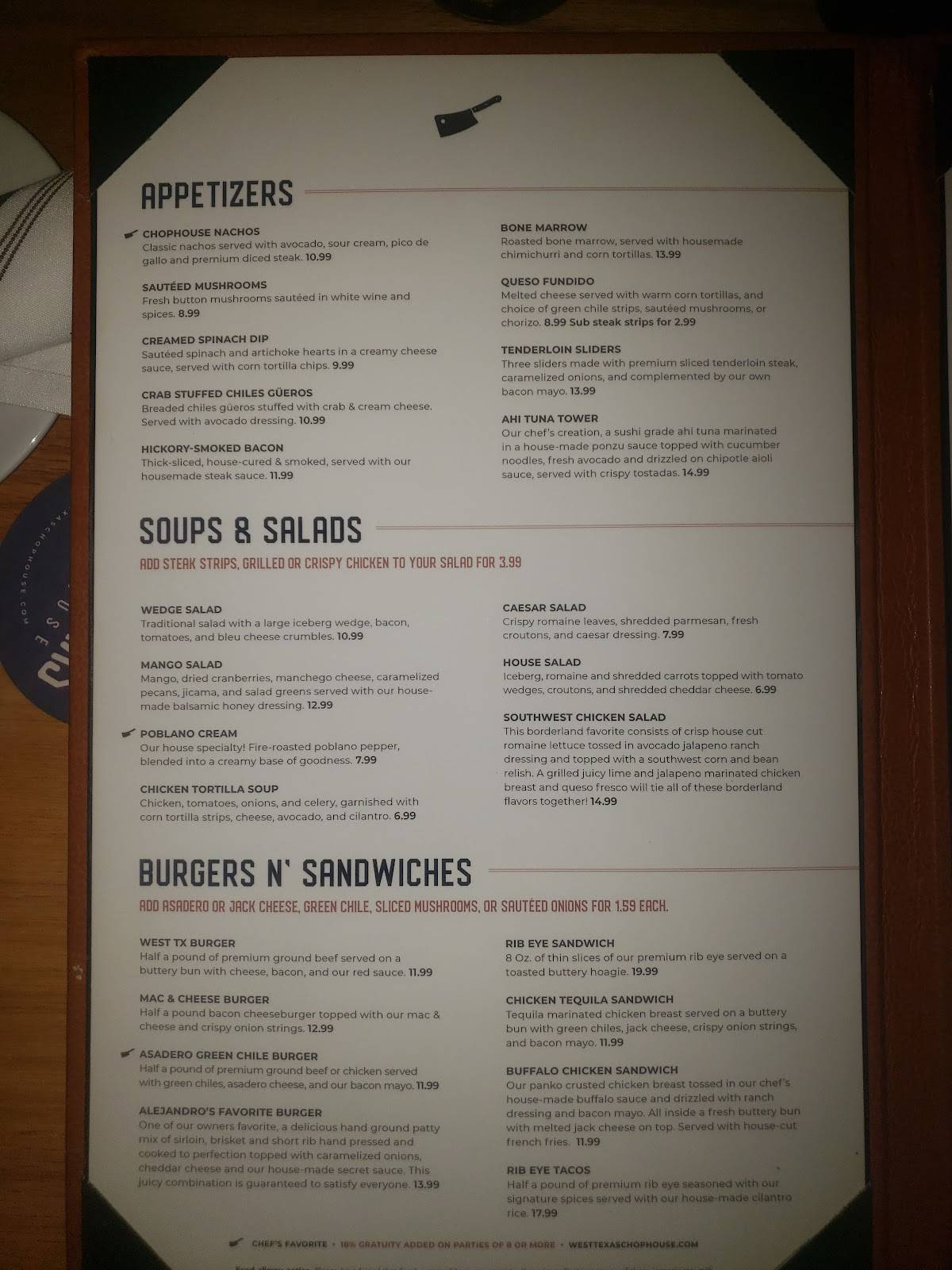 Menu at West Texas Chophouse steakhouse, El Paso
